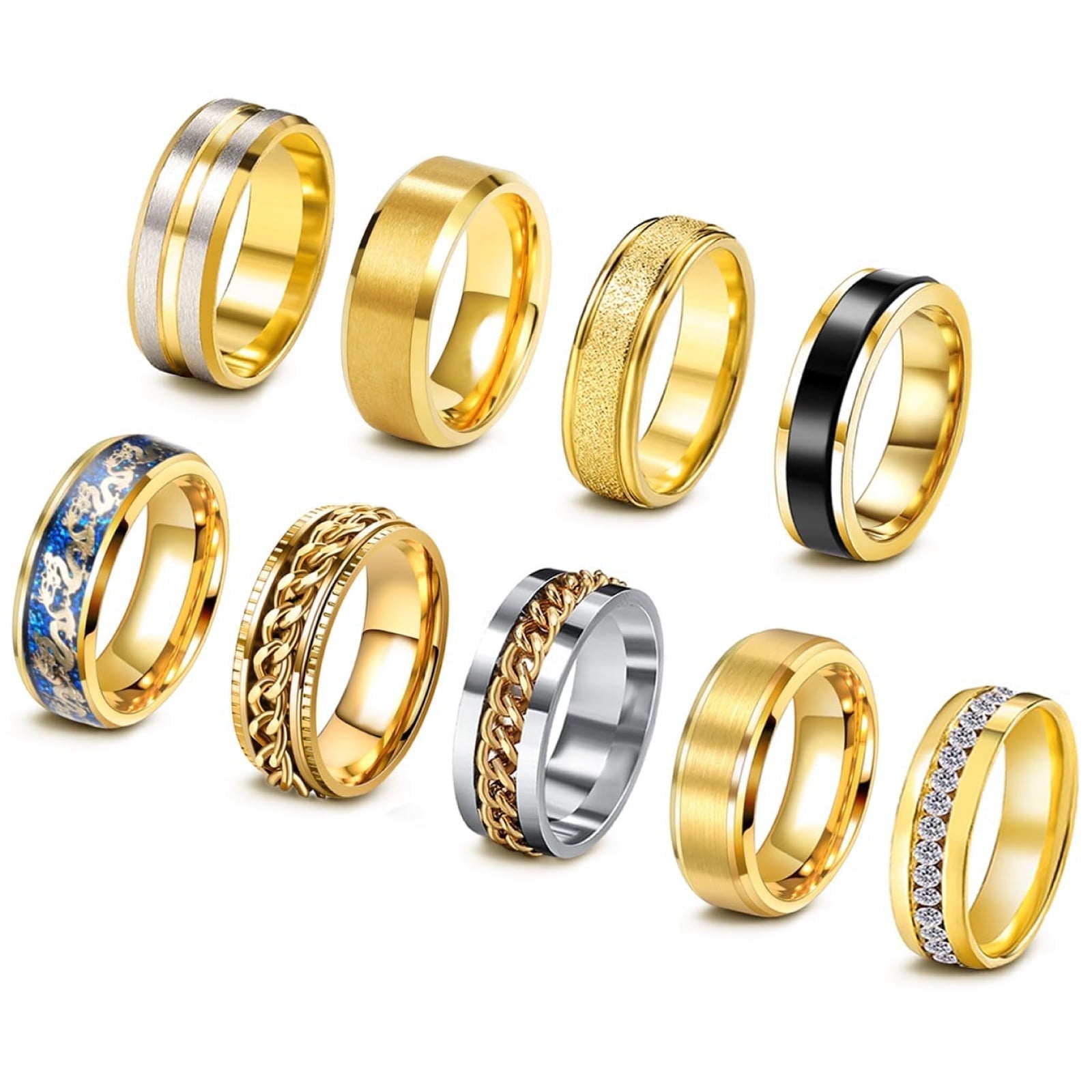SFTING 9Pcs Stainless Steel Band for Men Women Fidget Spinning Gold ...