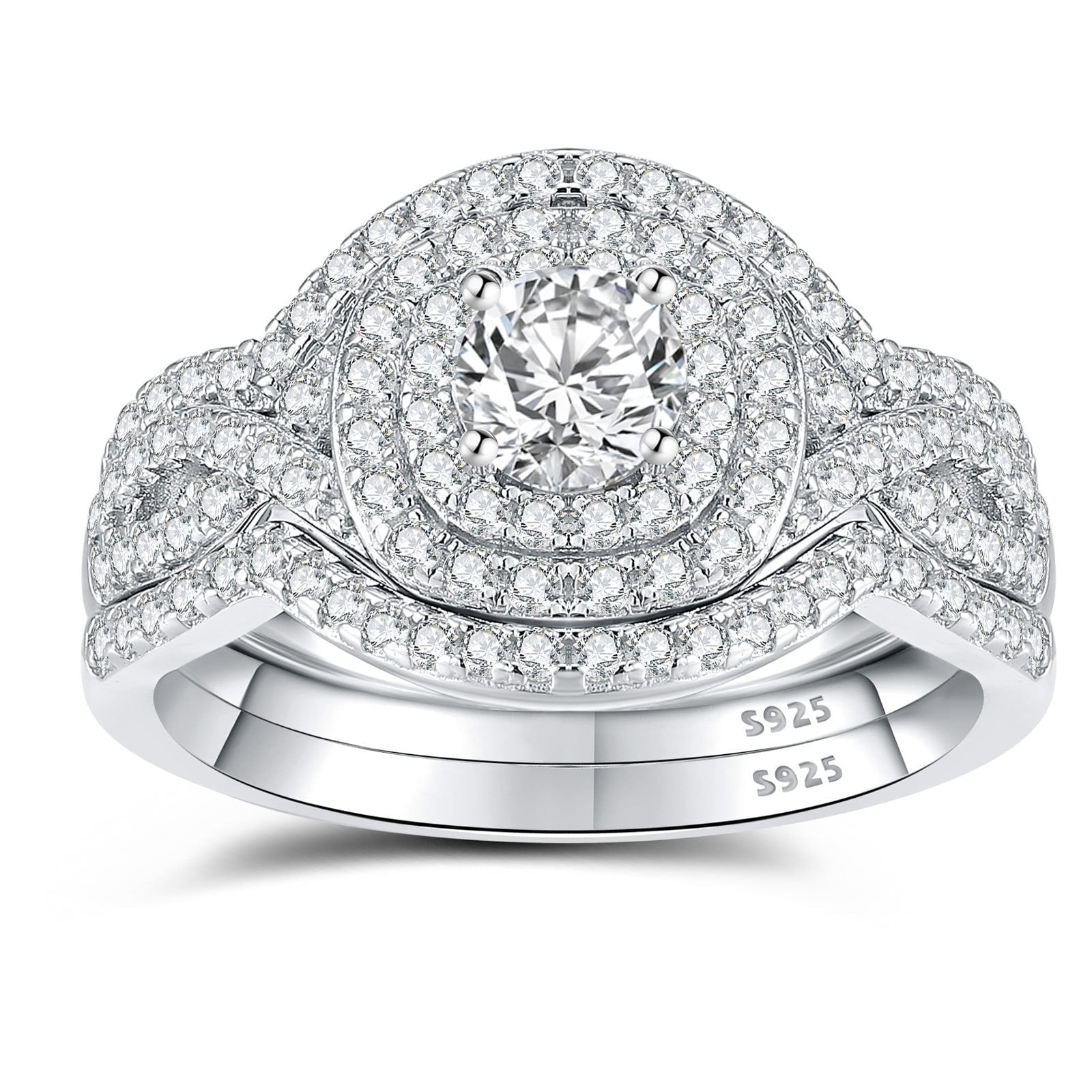 SFTING S925 Sterling Silver Double Halo Engagement Wedding Rings for ...