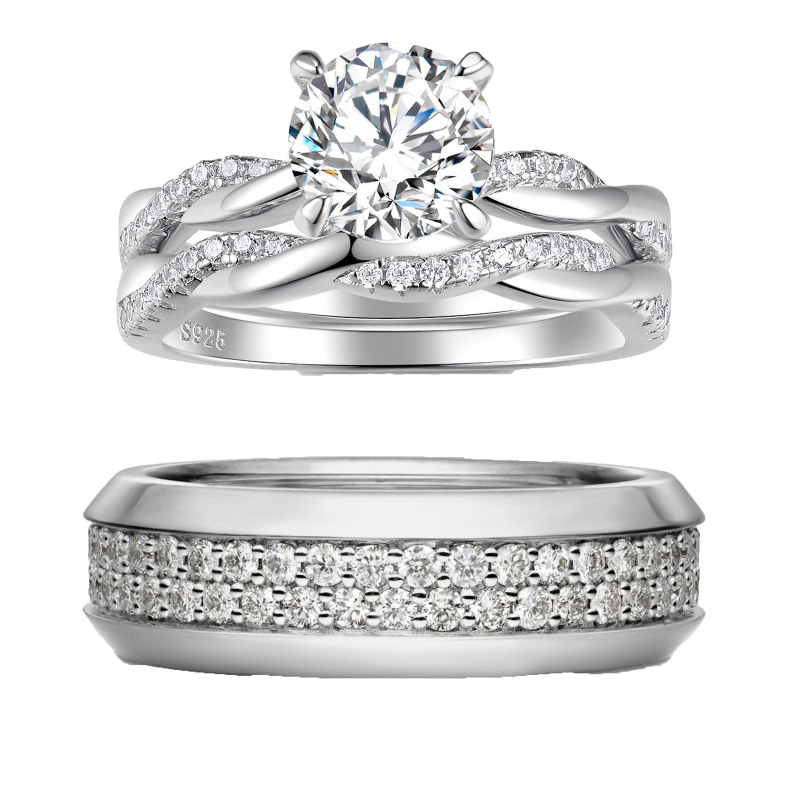 SFTING Wedding Ring Sets His and Hers 3pc 925 Sterling Silver 5A CZ Engagement Rings Set for ...
