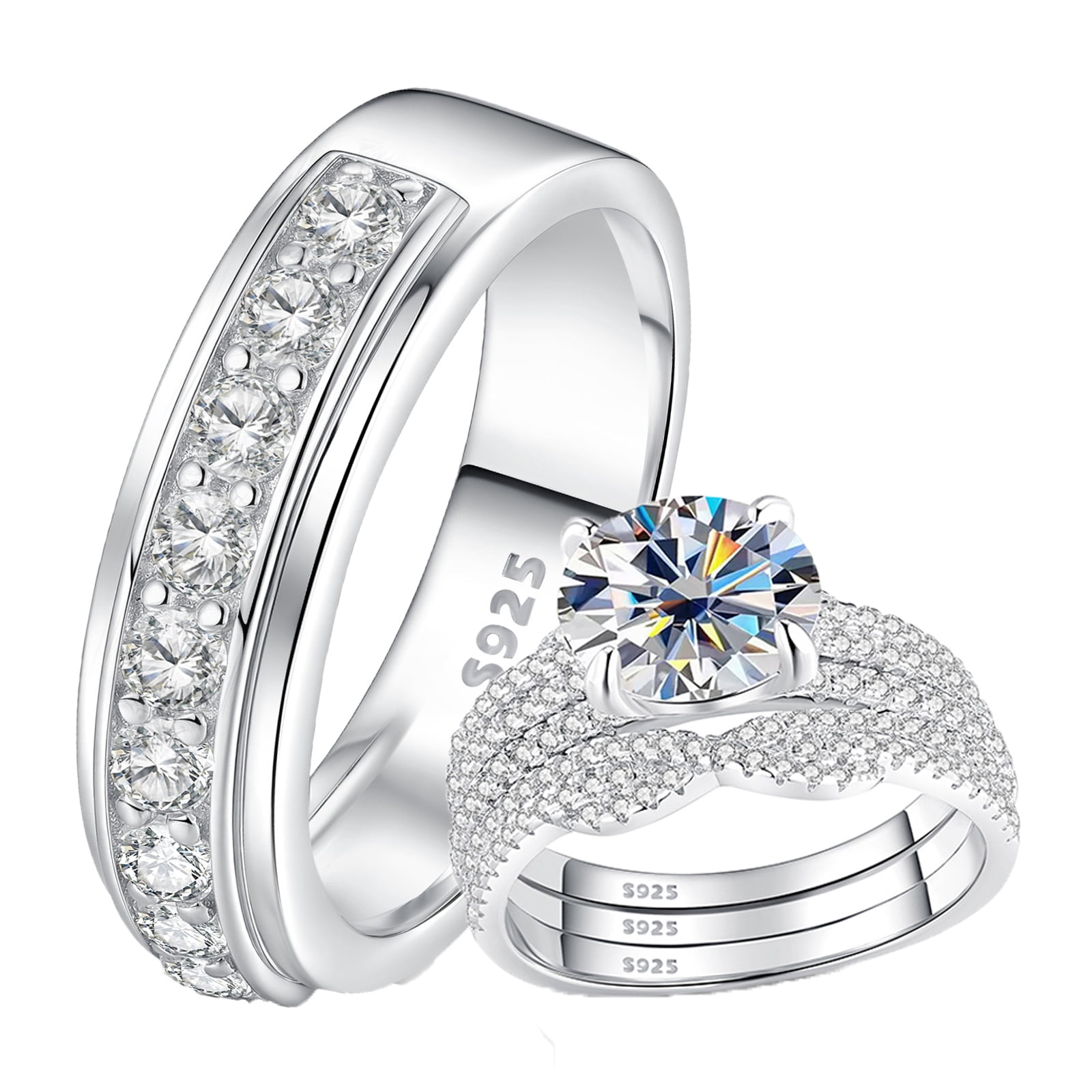 SFTING Wedding Ring Sets for His and Hers 4Pcs 925 Sterling Silver 5A CZ Engagaement Ring Set ...