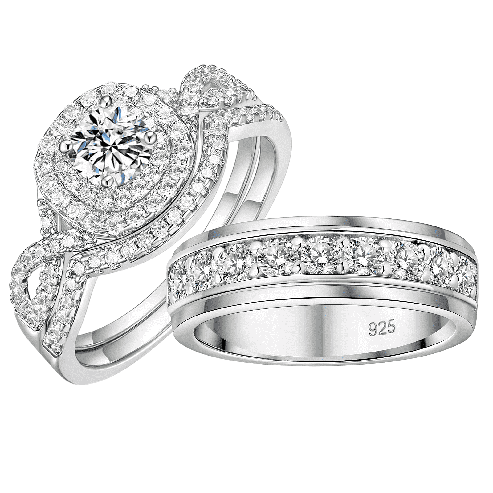 SFTING Wedding Rings Set for Him and Her Women Men Wedding Ring Halo Eternity Round Cut 925 ...
