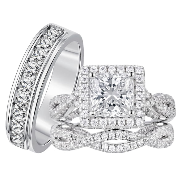 SFTING Wedding Rings Set for His and Her Halo Princess Round Cut Men ...