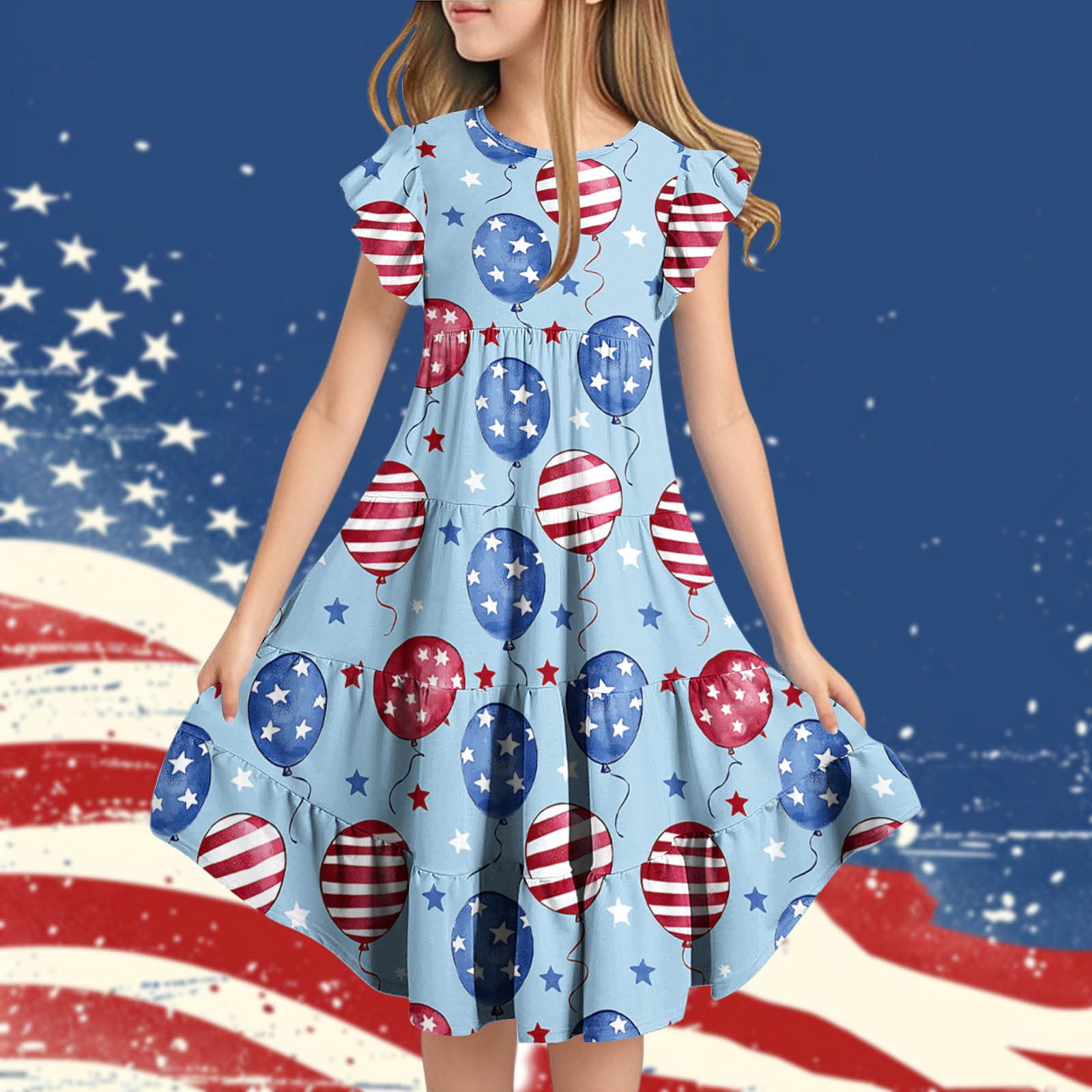 SGFCWSX Big Girls Patriotic Dress Flutter Sleeve Print Tiered Swing ...