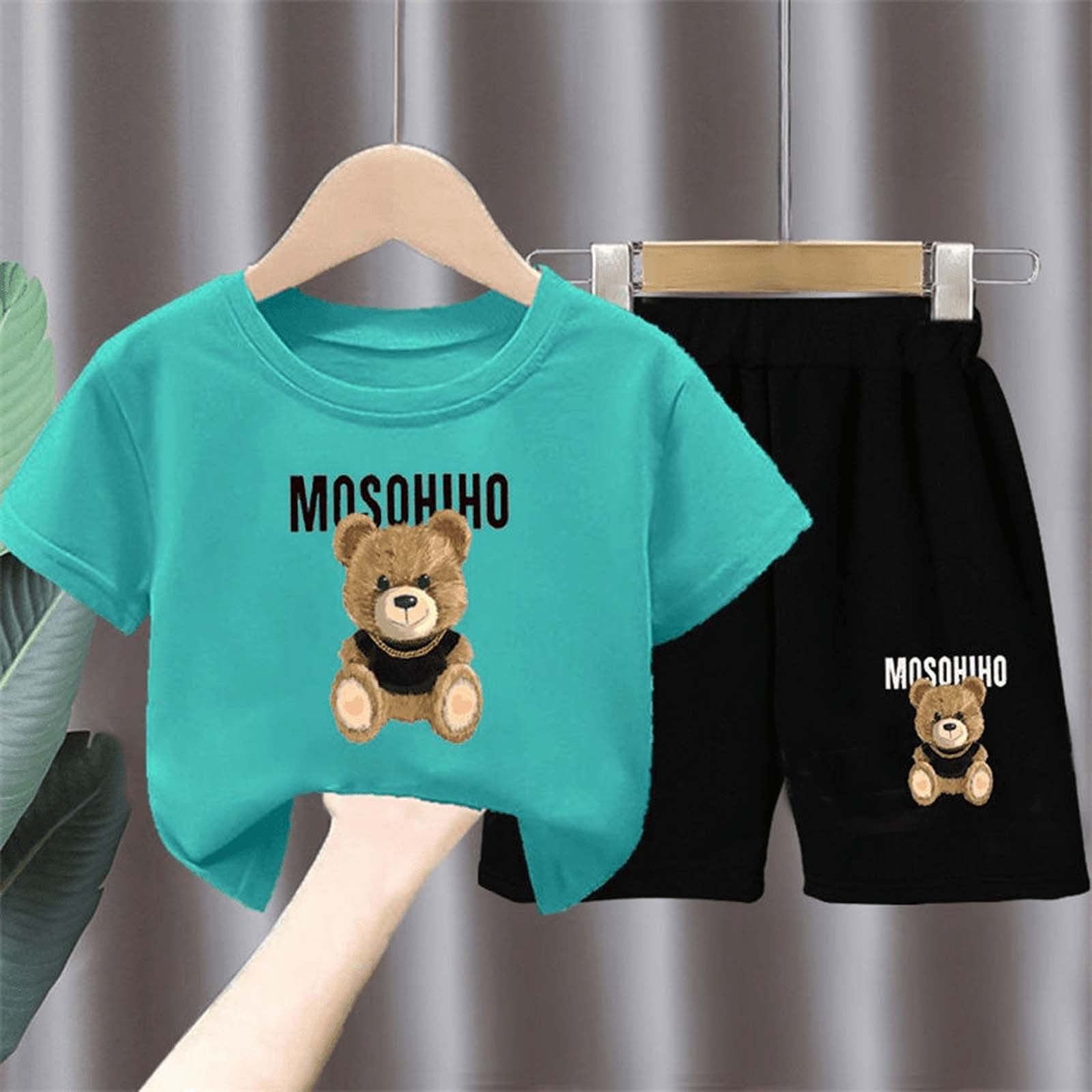 SGFCWSX Boys Girls 2 Piece Outfits Cute Teddy Bear Print Short Sleeve T ...