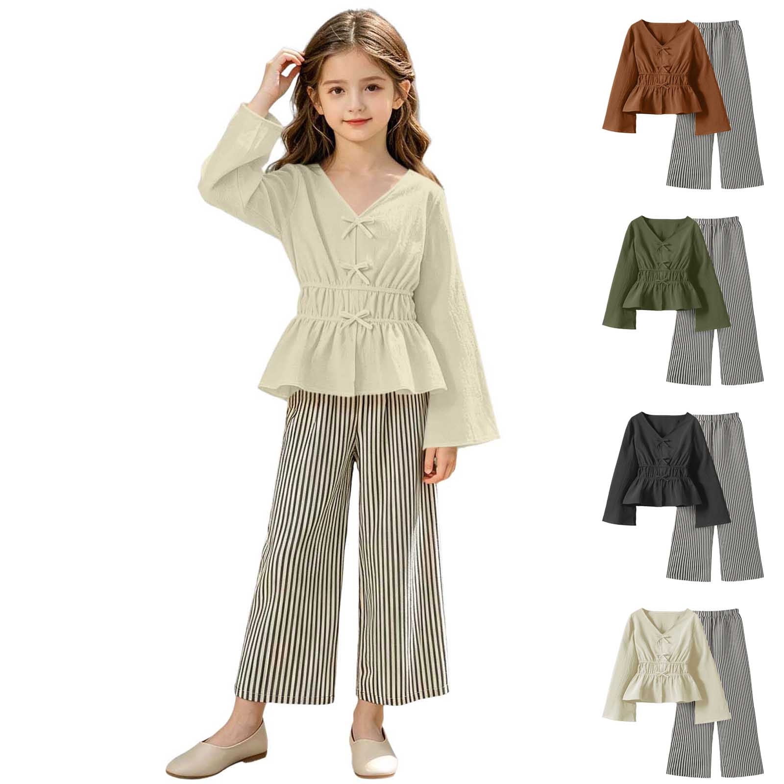 SGFCWSX Girls 2 Piece Outfits Bell Sleeve V Neck Peplum Tops Striped ...