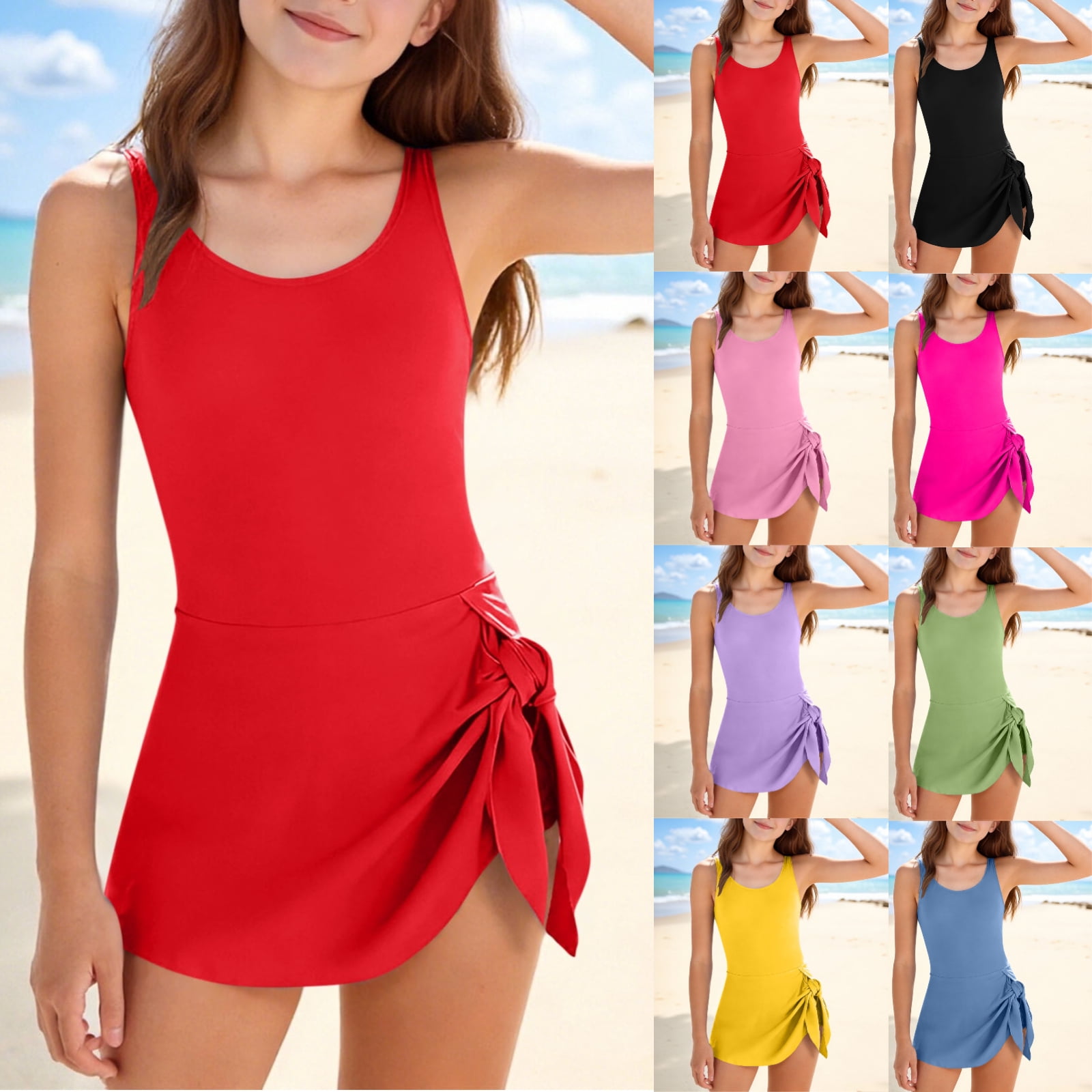 SGFCWSX Girls One Piece Swimsuit Solid Color Tie Side Swim Dress ...