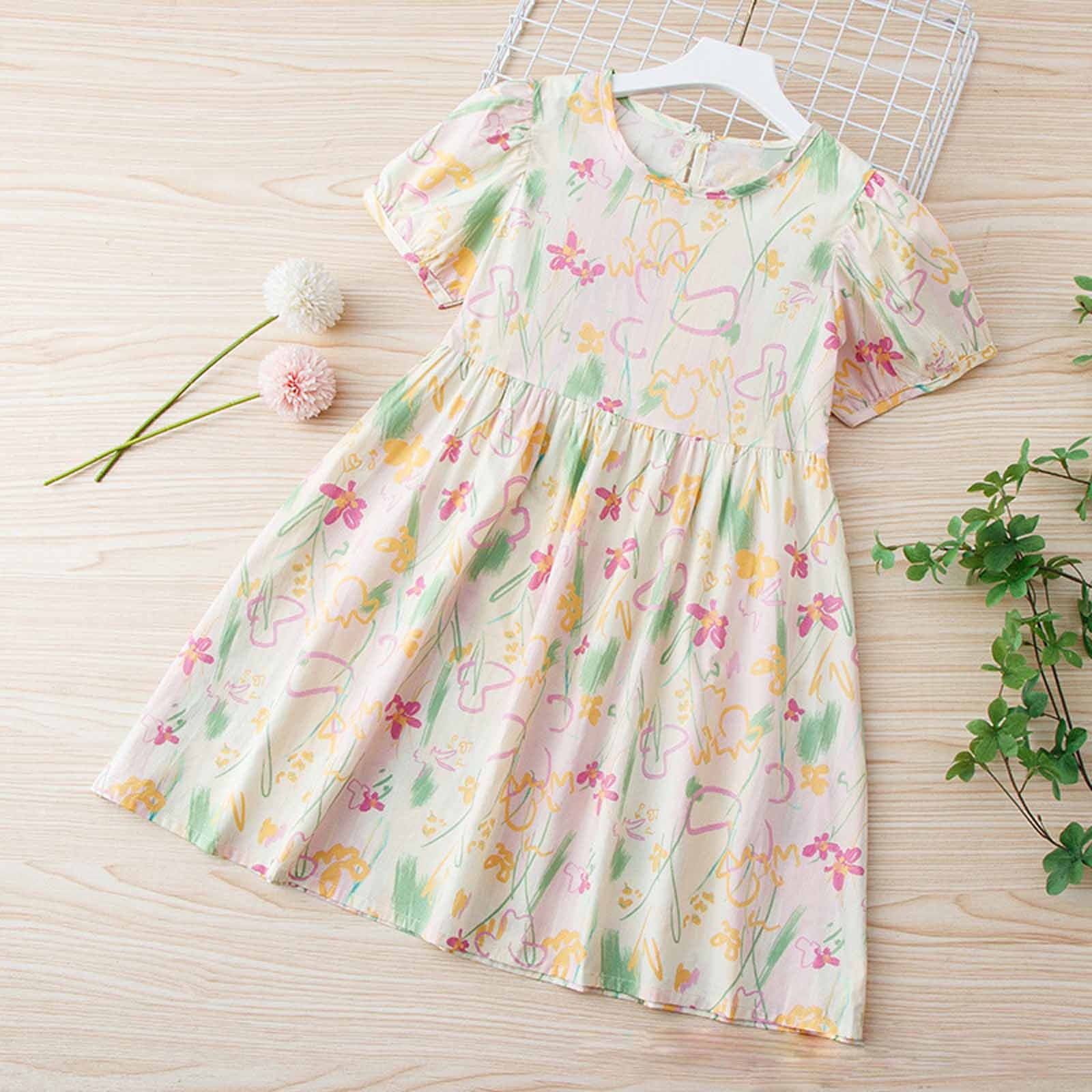 SGFCWSX Girls Puff Short Sleeve Dress A-Line Crew Neck Floral Print ...