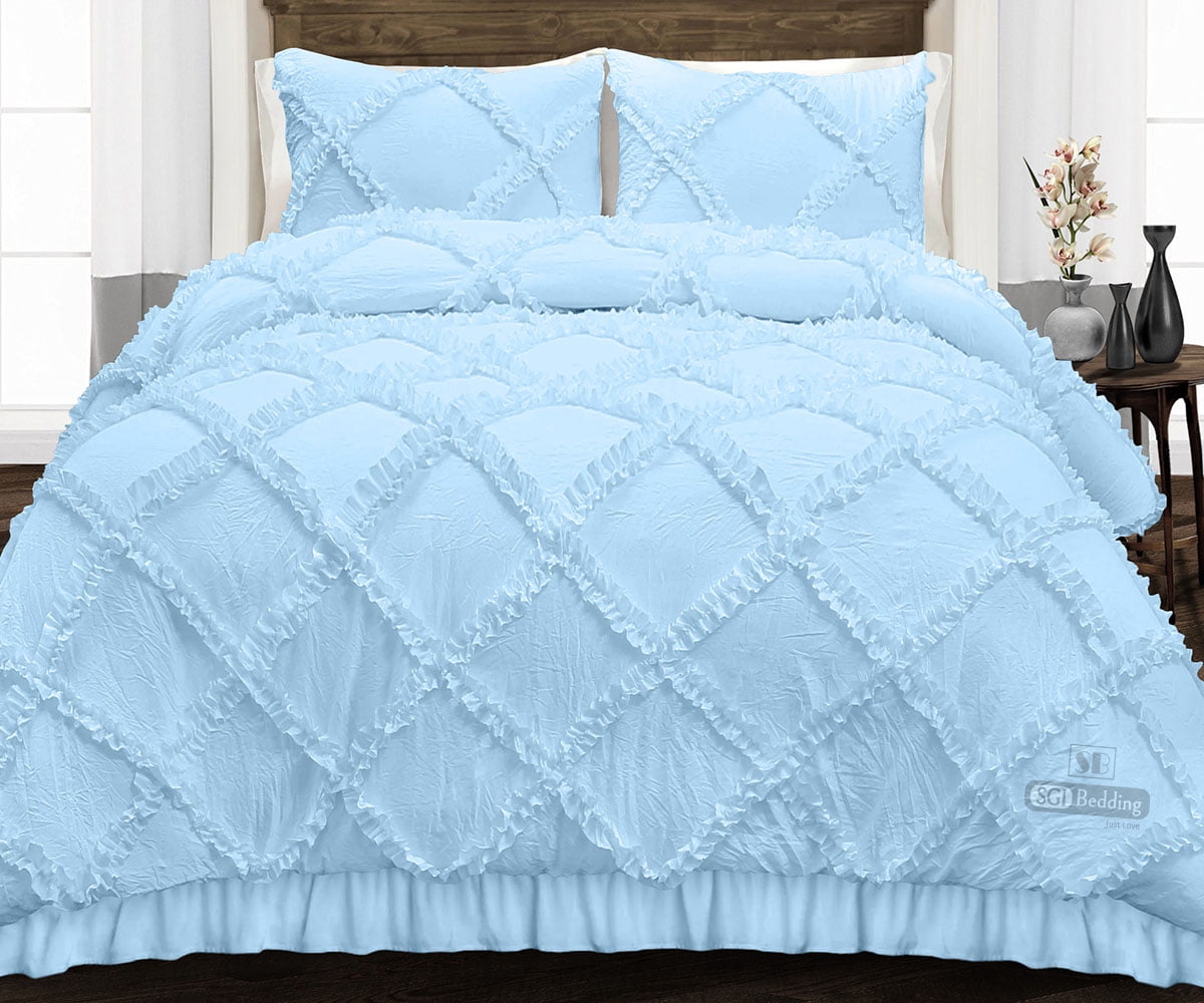 SGI Queen Diamond Ruffle Comforter Set Microfiber 3 Piece Light Blue ...