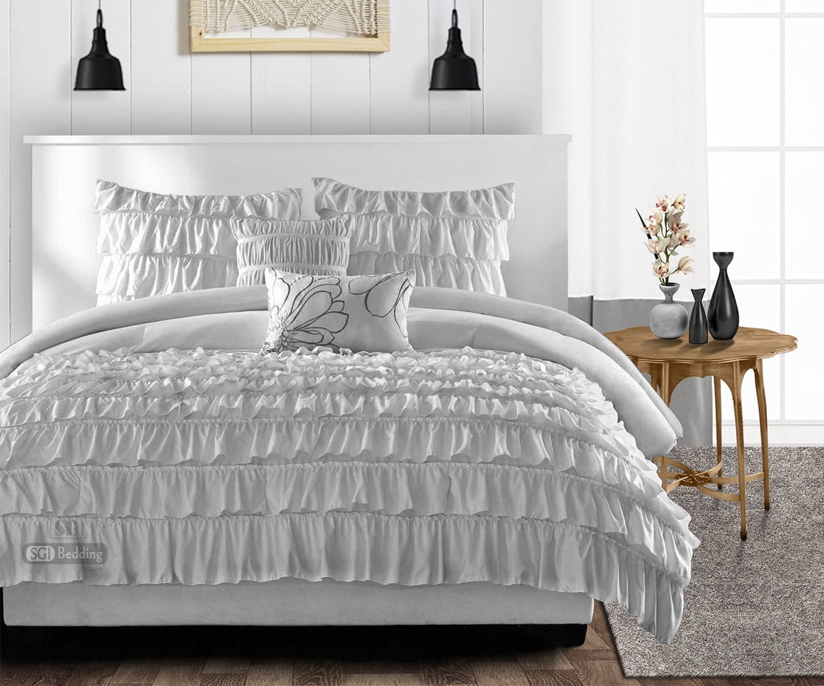 SGI Queen Multi Ruffle Comforter Set Microfiber Light Gray 3 Piece ...
