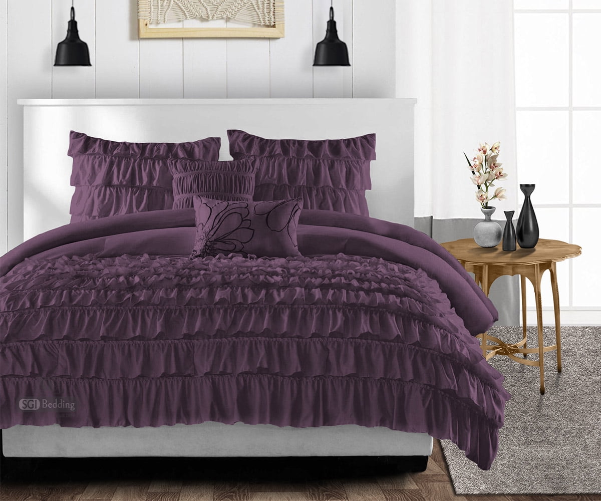 SGI Twin Multi Ruffle Comforter Set Microfiber Plum 3 Piece - Walmart.com