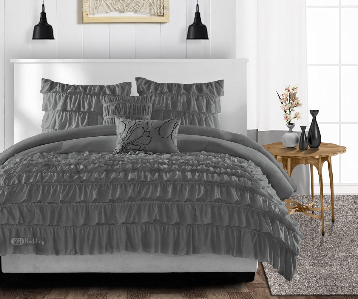 SGI Wyoming King Multi Ruffle Comforter Set Microfiber Dark Gray 3 ...