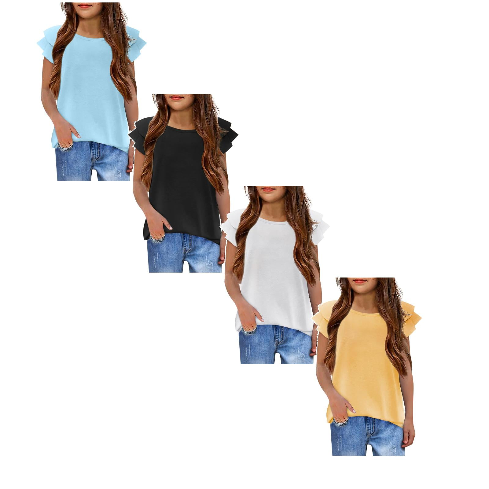 SGMVNU 4Packs Girls Shirts Girls' T Shirts Wavy Sleeves Summer Crew ...
