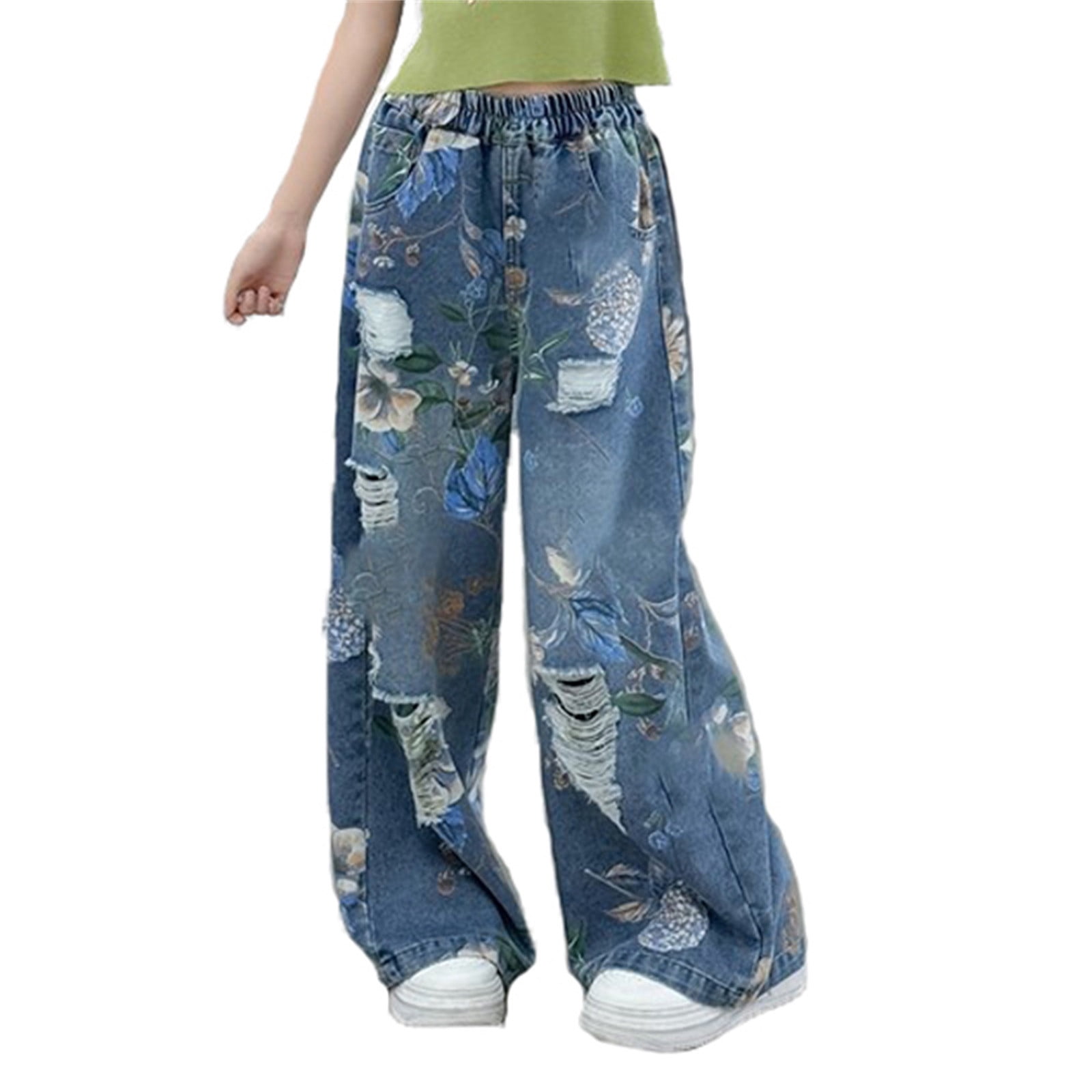 SGMVNU Girls' Jeans Streetwear Ripped Baggy Wide Retro Denim Trousers ...