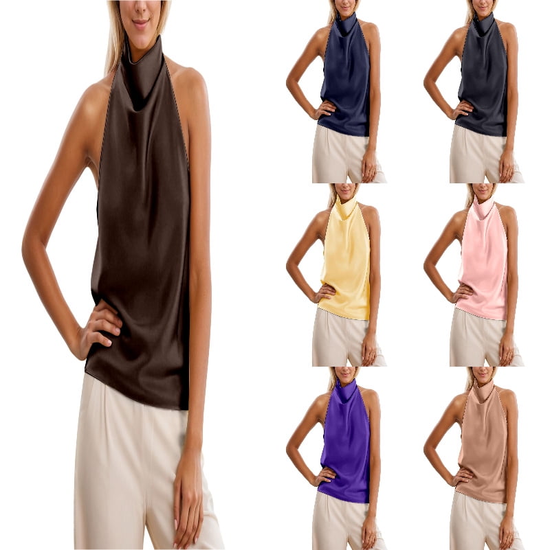 SGMVNU Womens Silk Satin Tanks Draped Front Backless Halter Tops Casual ...