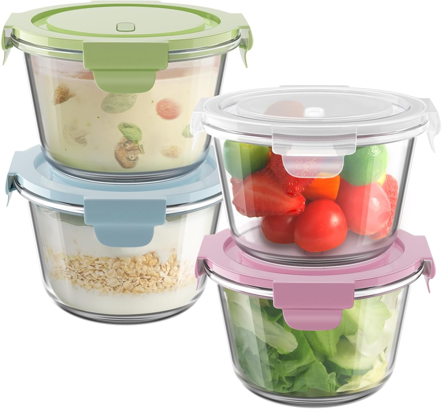 SH 4 PCS Glass Meal Prep Containers, Airtight 2 Cup Glass Storage ...