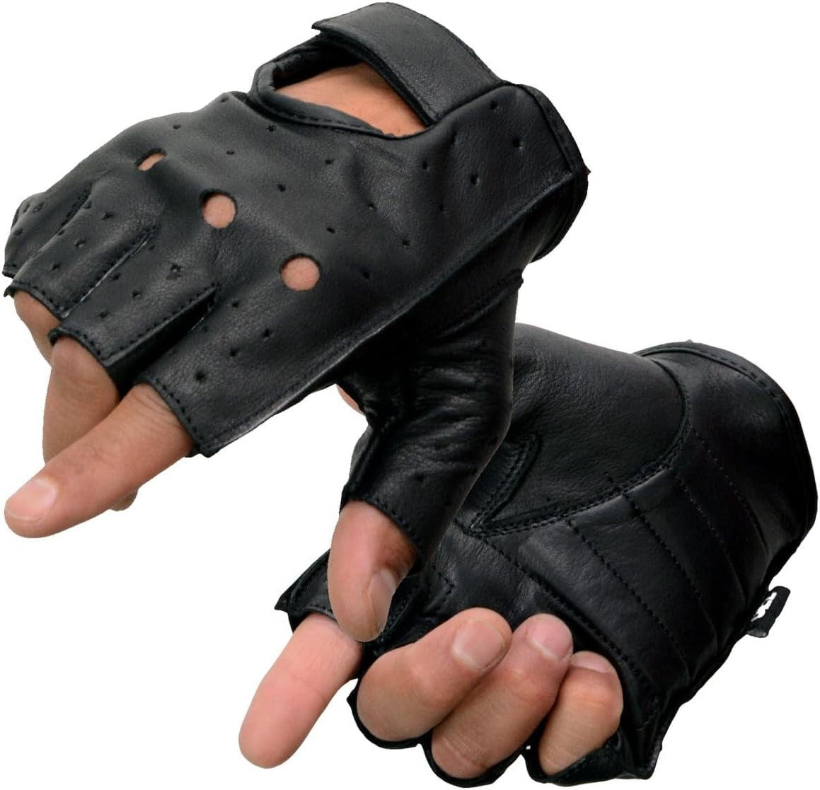 SH195 Men's Black Leather Perforated Gel Padded Palm Fingerless ...
