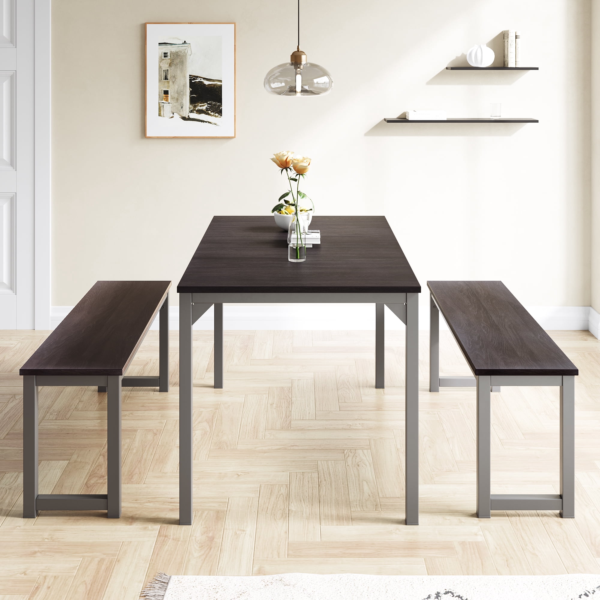 SHA CERLIN 45" 3-Pieces Kitchen & Dining Table Set with Benches for 4 ...