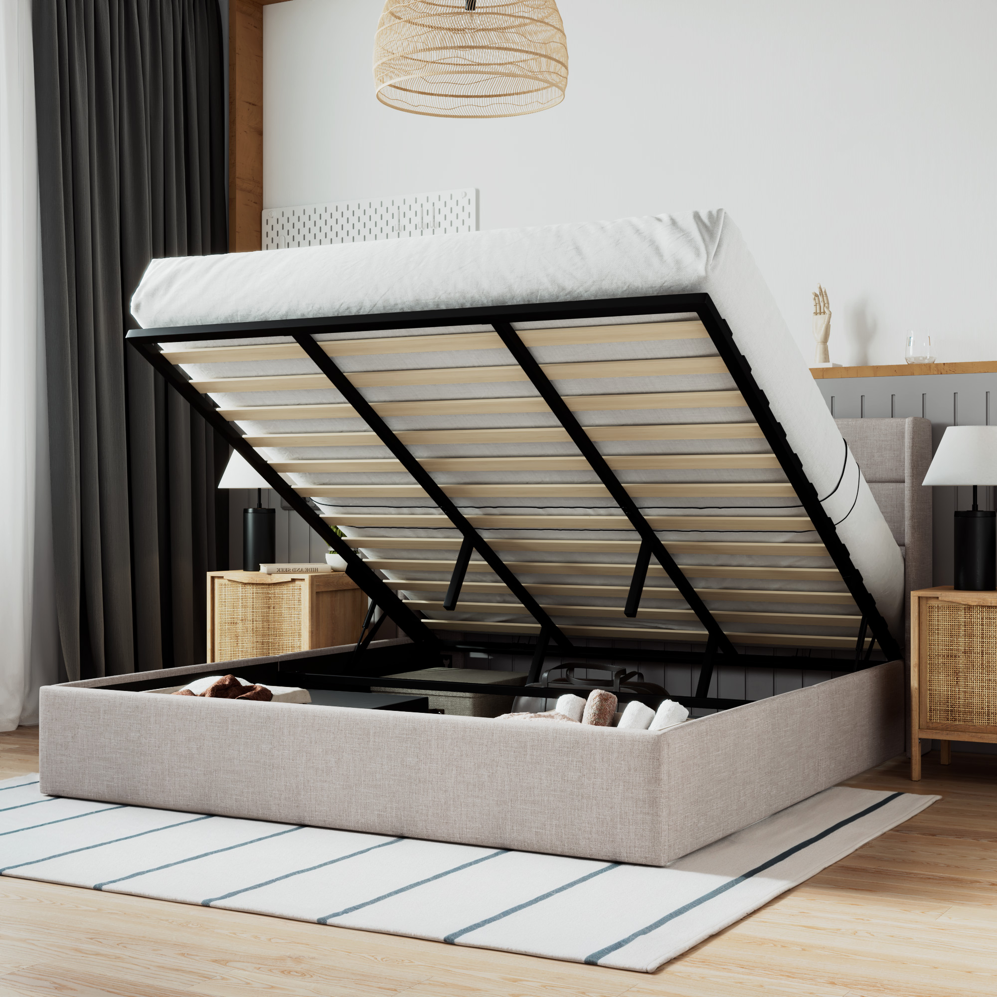 SHA CERLIN Beige Queen Size Lift Up Platform Bed Frame with Headboard ...