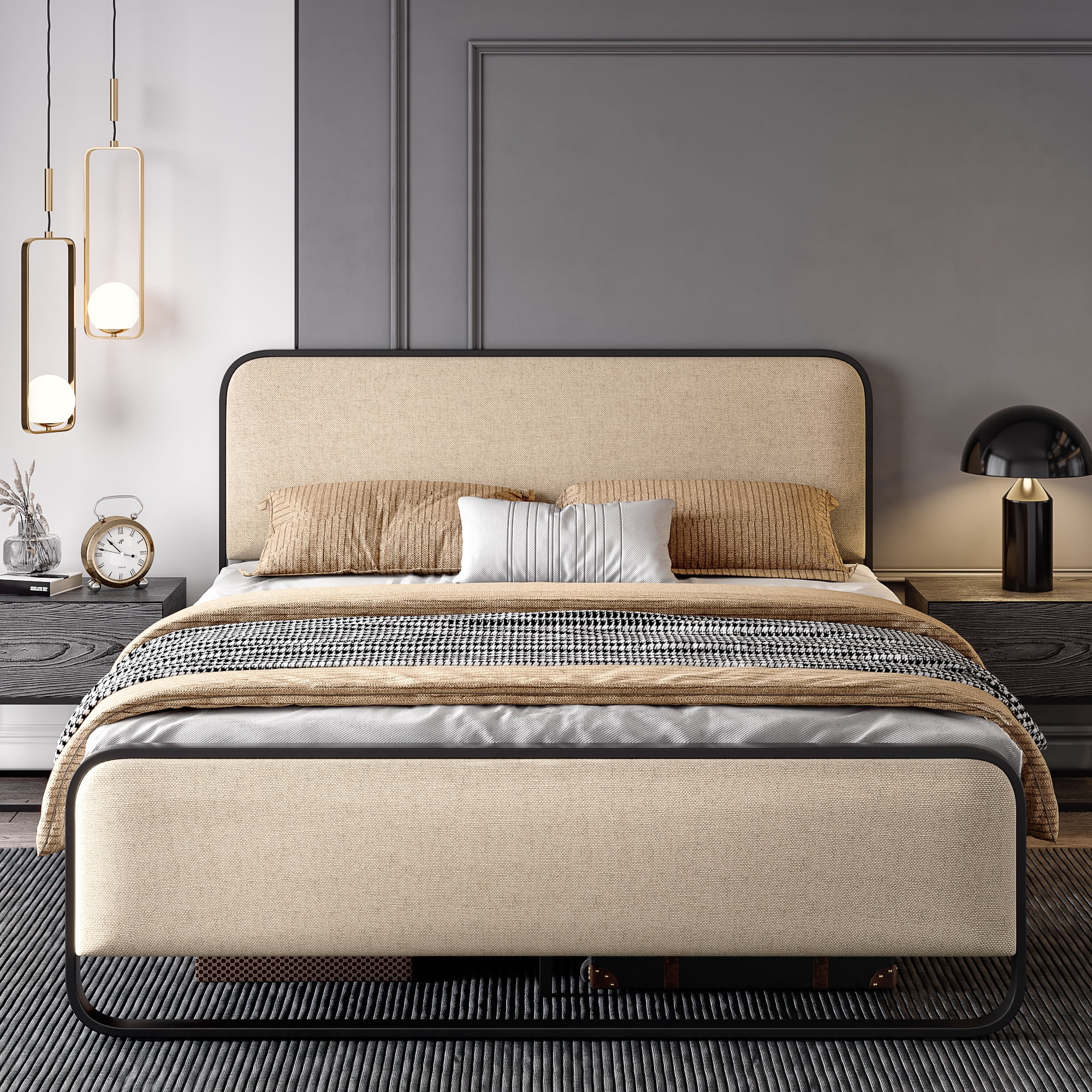 SHA CERLIN Queen Size Metal Bed Frame with Upholstered Footboard, Beige ...