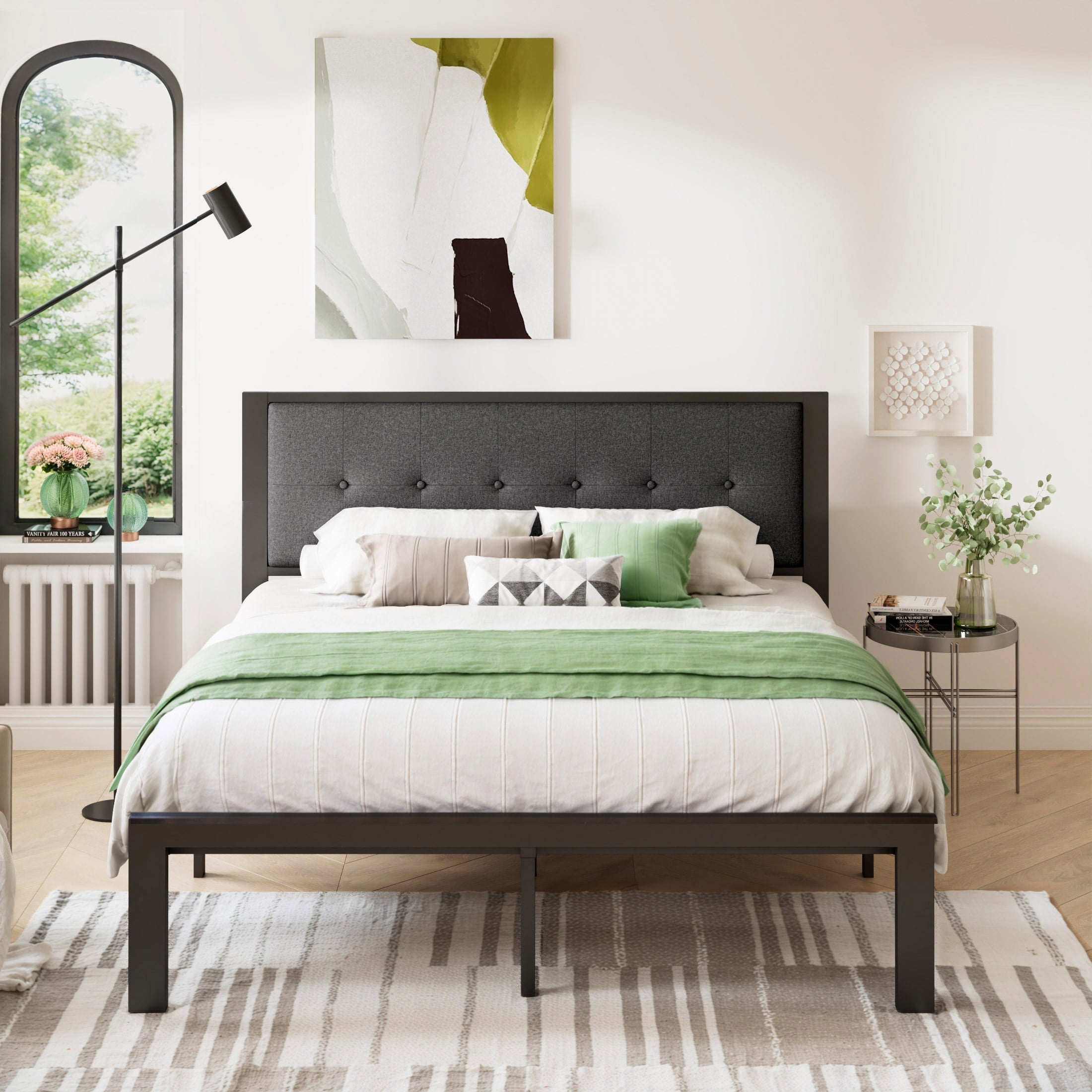 SHA CERLIN Black Full Size Metal Platform Bed Frame with Fabric ...