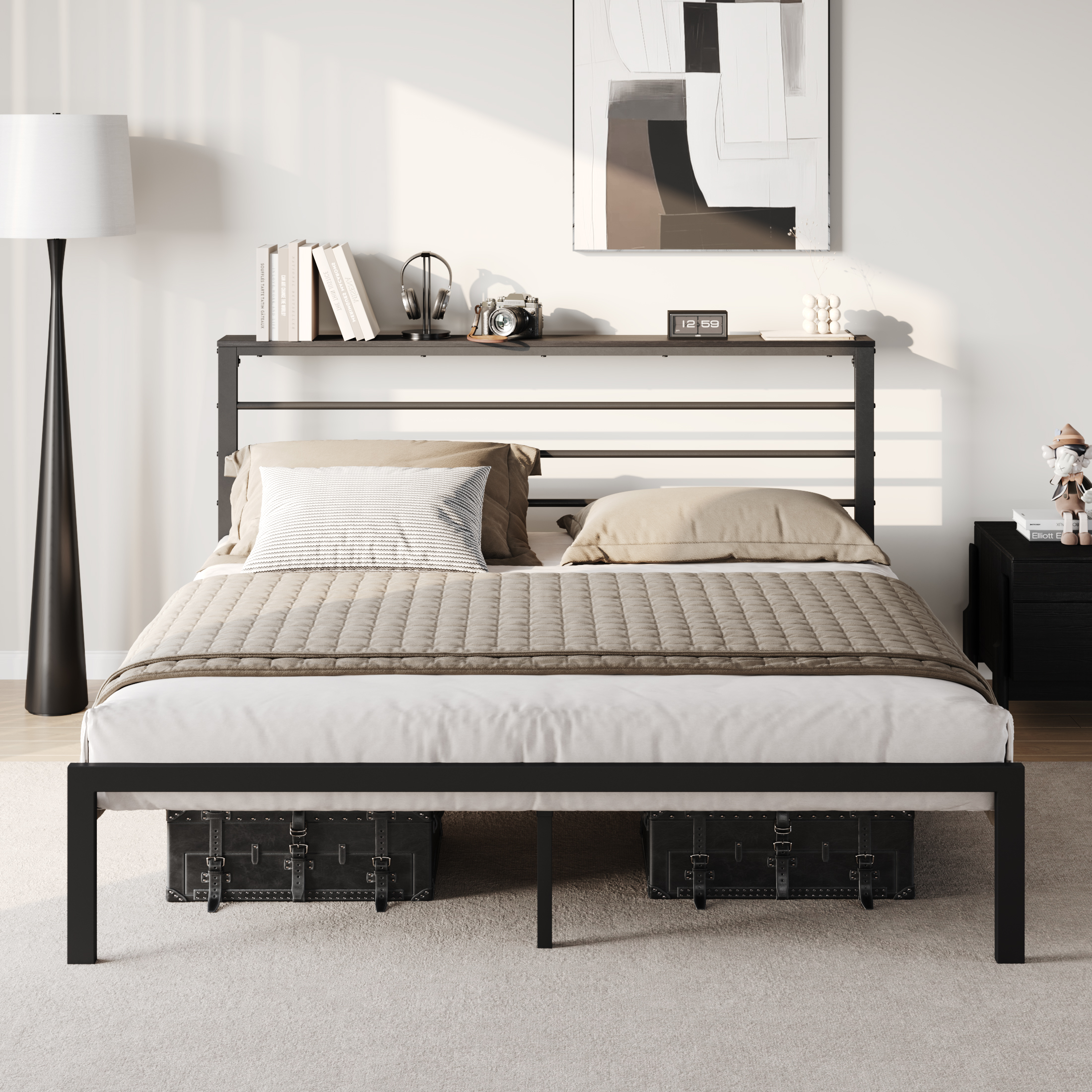 Sha Cerlin Full Size Metal Bed Frame, Black with Vintage Headboard ...
