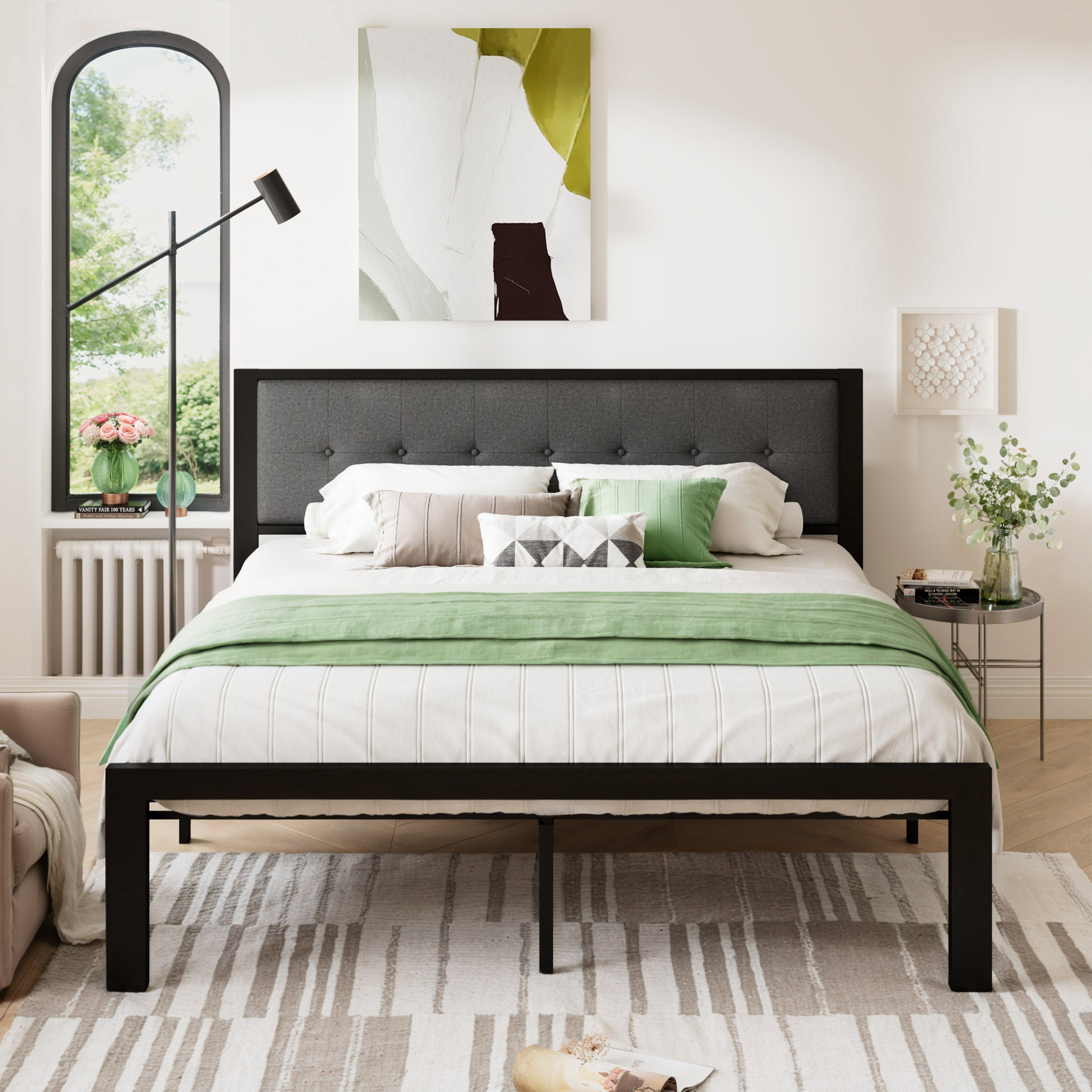 SHA CERLIN Blue King Size Platform Bed Frame with Velvet Channel ...