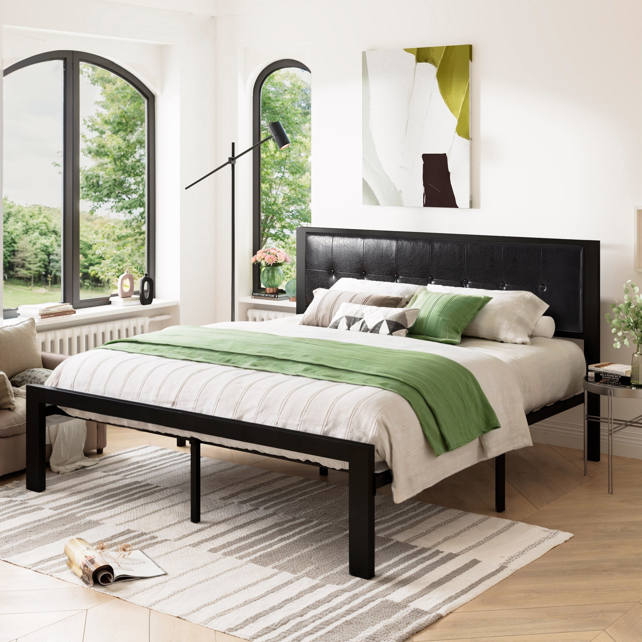 SHA CERLIN Black Twin Size Metal Platform Bed Frame with Faux Leather ...