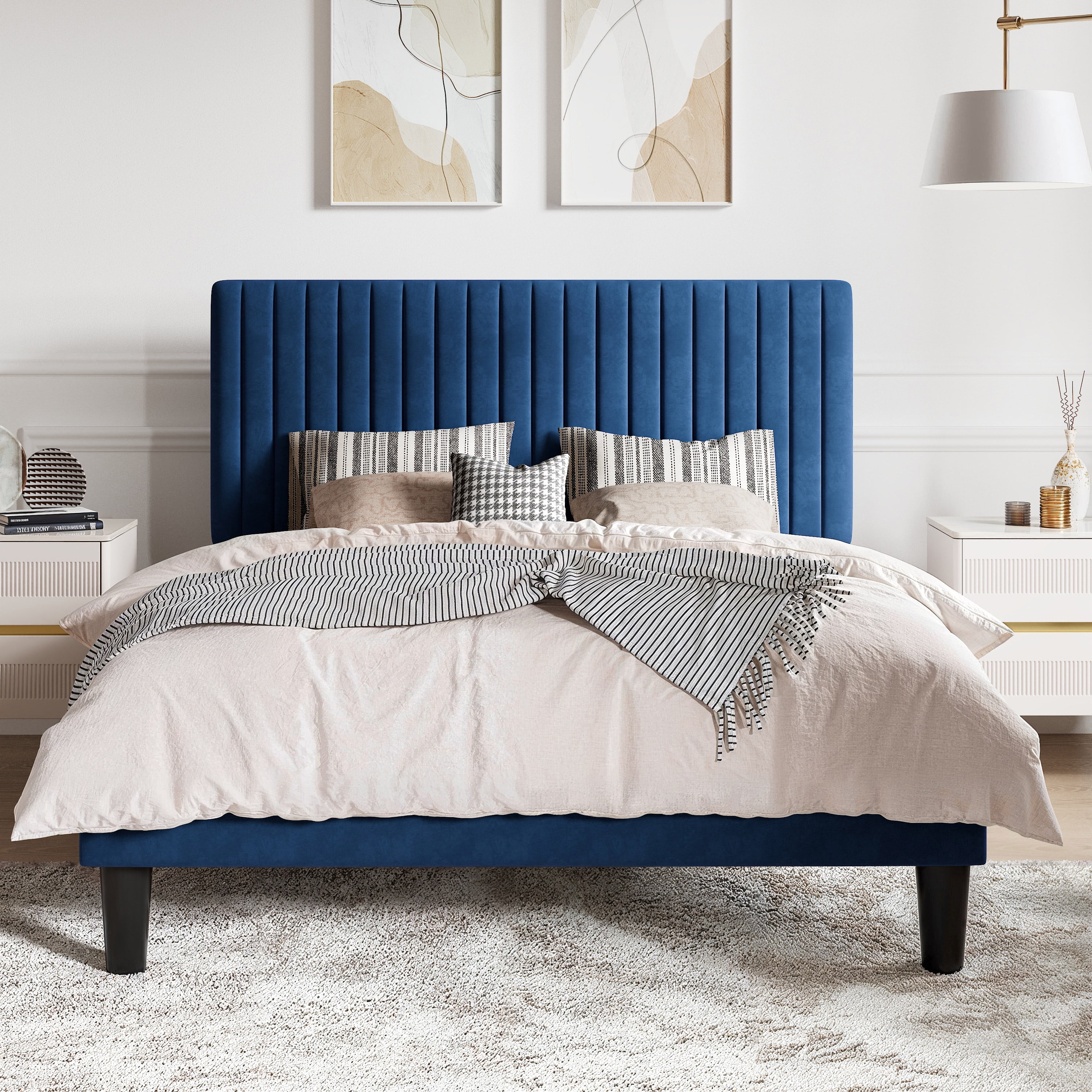 SHA CERLIN Blue Full Size Platform Bed Frame with Adjustable Velvet ...