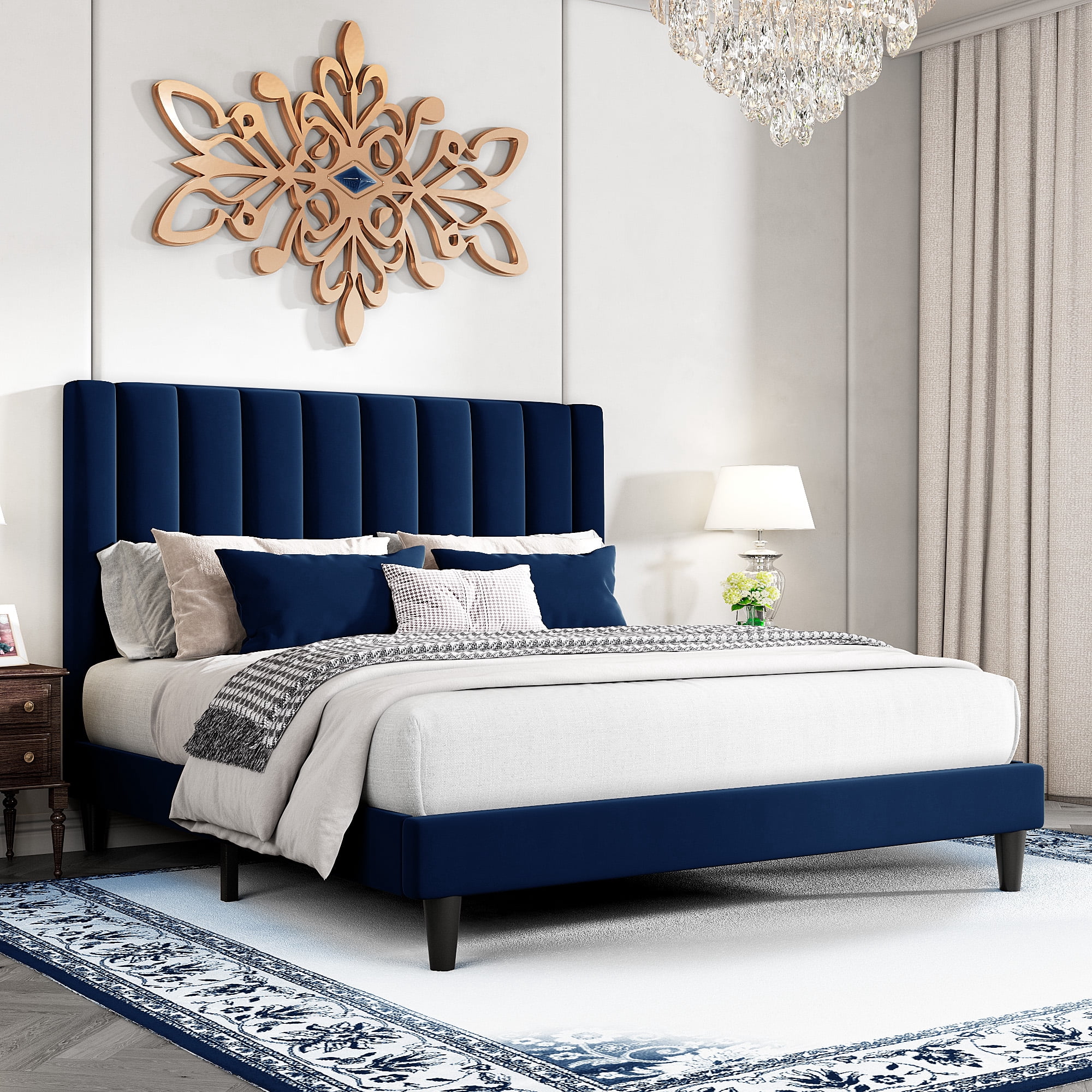 SHA CERLIN Blue Full Size Platform Bed Frame with Velvet Channel ...