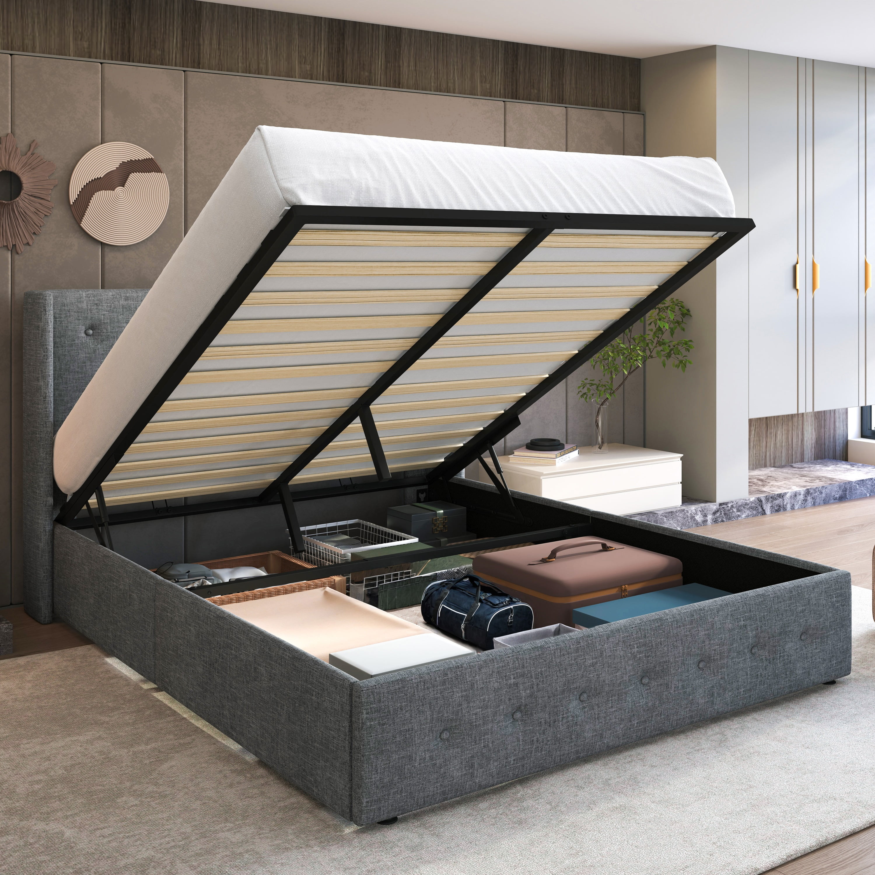 SHA CERLIN Blue Grey Full Size Lift-Up Platform Bed with Tufted ...