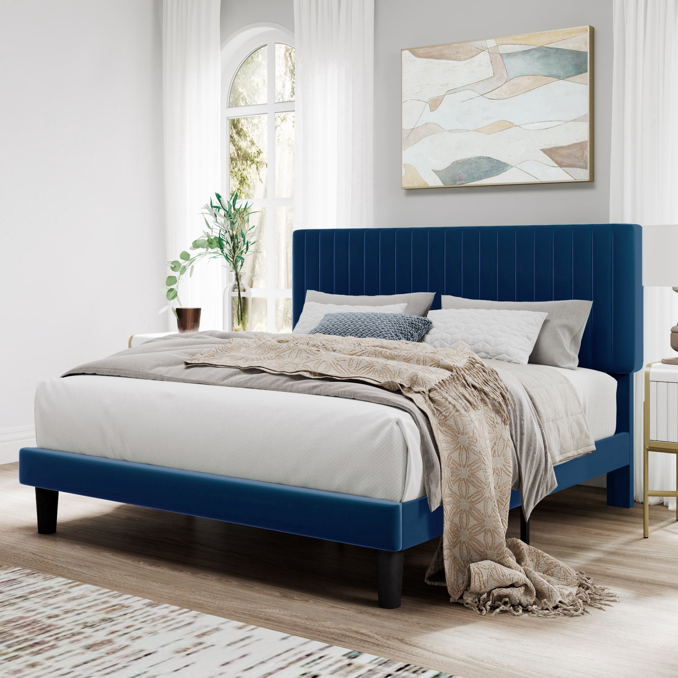 SHA CERLIN Blue Queen Size Upholstered Platform Bed Frame with ...