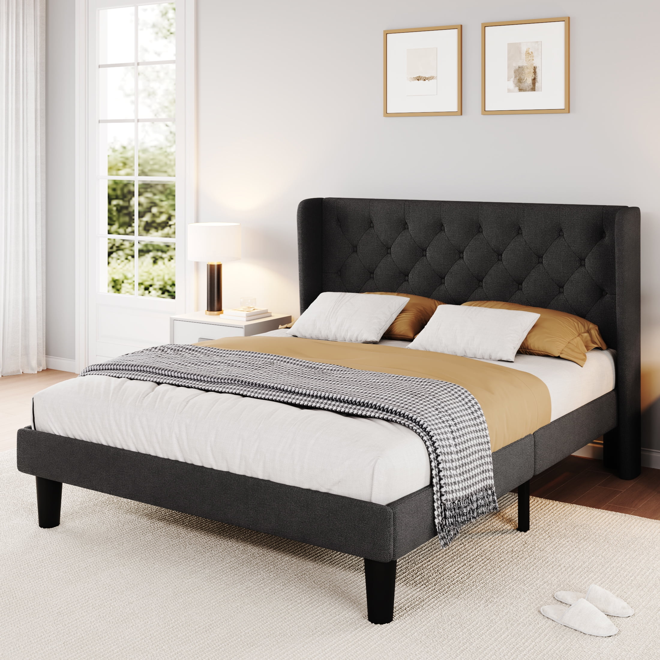 SHA CERLIN Full Size Upholstered Platform Bed Frame with Wingback ...