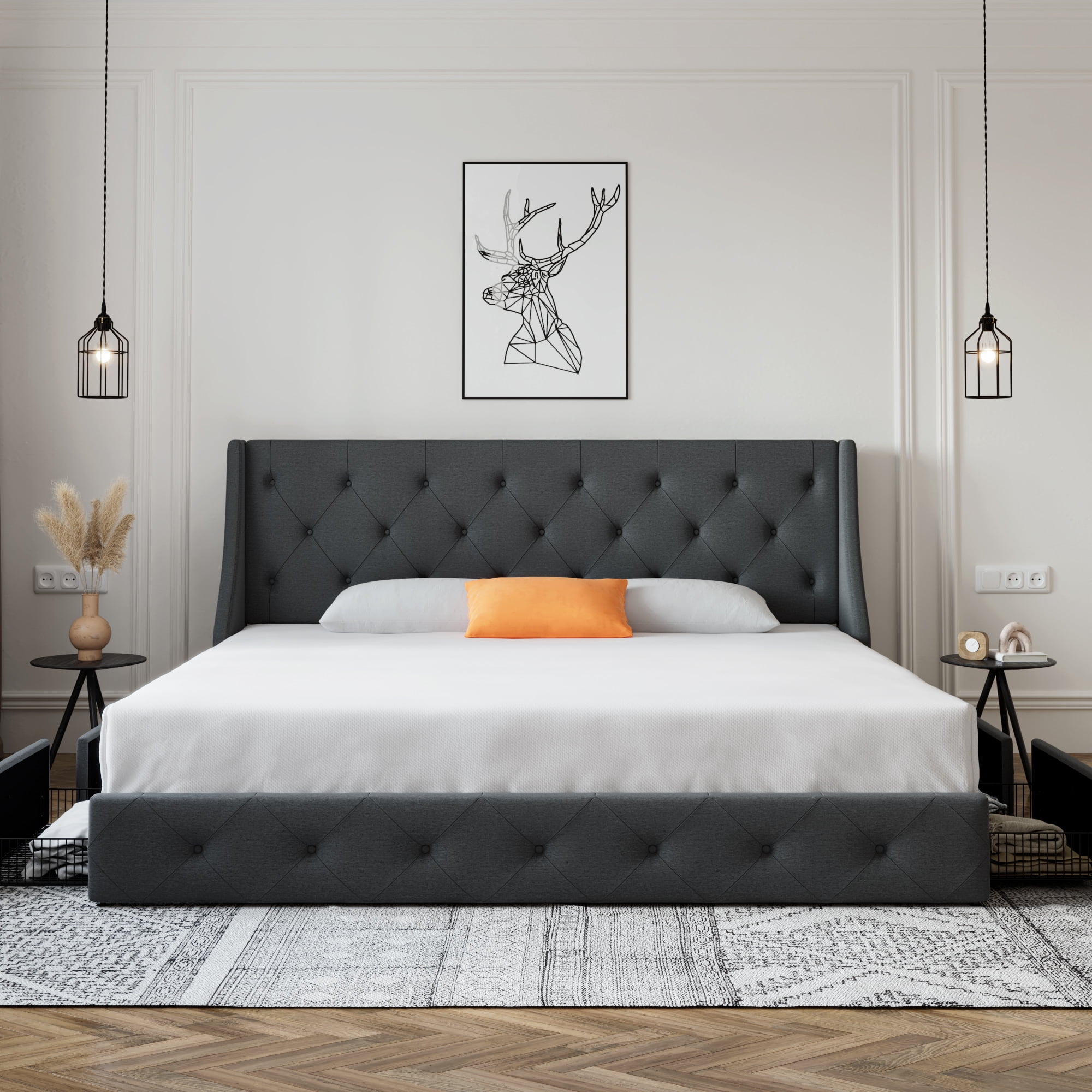 SHA CERLIN King Size Upholstered Tufted Platform Bed Frame, Dark Grey ...
