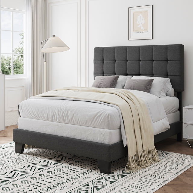 SHA CERLIN Grey Queen Size Panel Platform Bed Frame with Adjustable ...