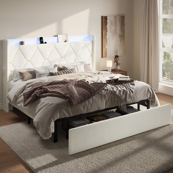 SHA CERLIN King Size Platform Bed Frame with Storage Drawer, LED Lights ...