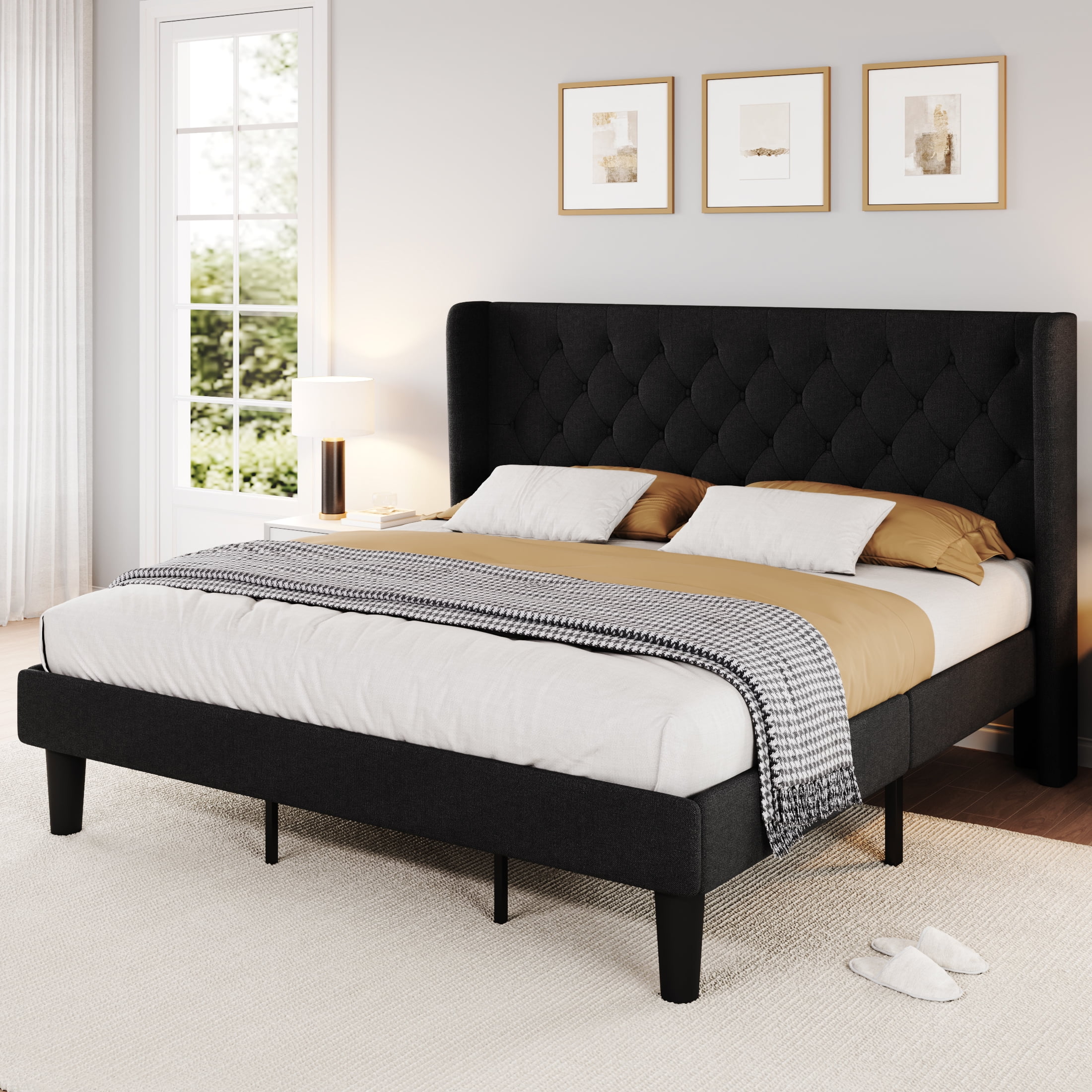 SHA CERLIN King Size Platform Bed Frame with Fabric Wingback&Tufted ...