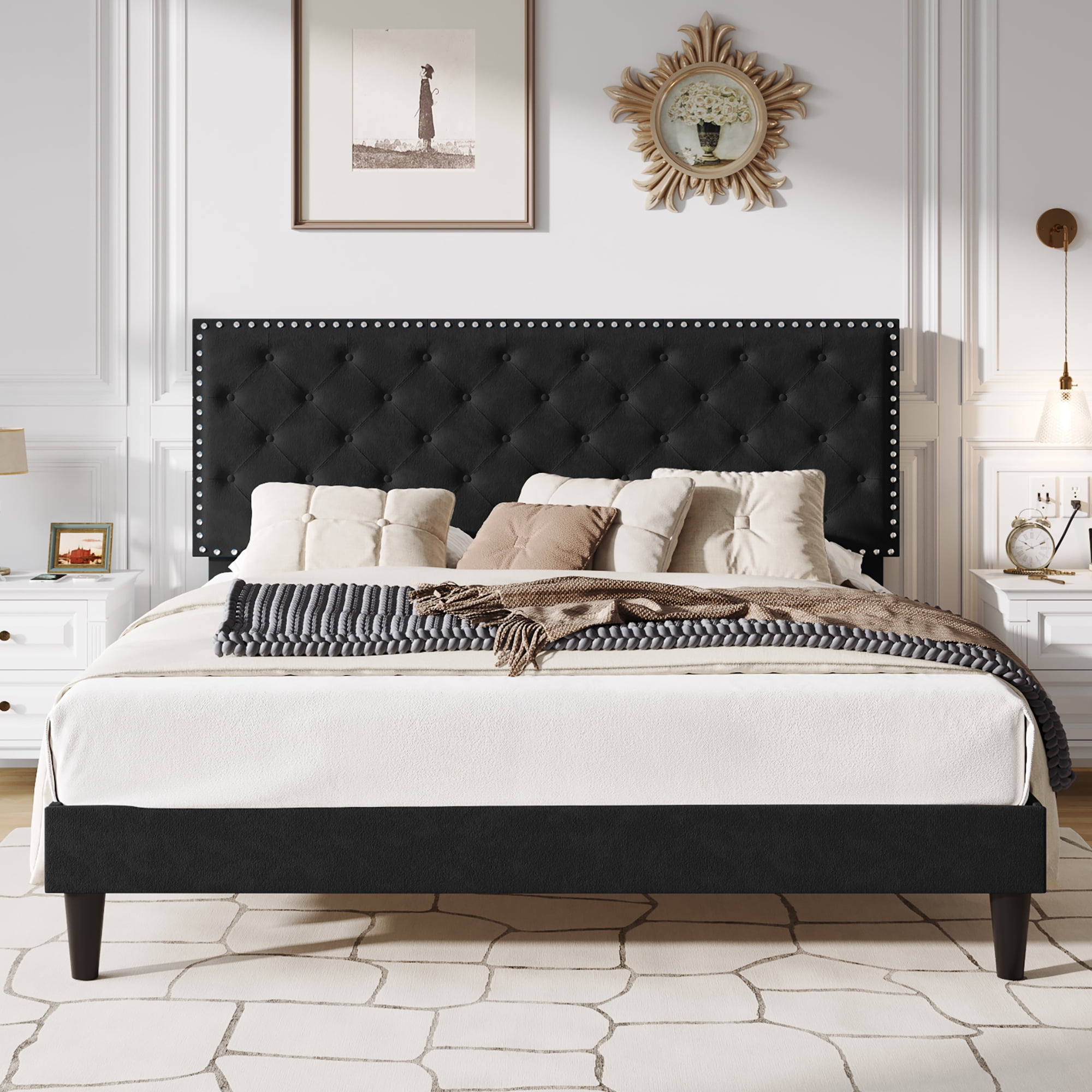 SHA CERLIN King Size Velvet Upholstered Bed Frame with Adjustable ...