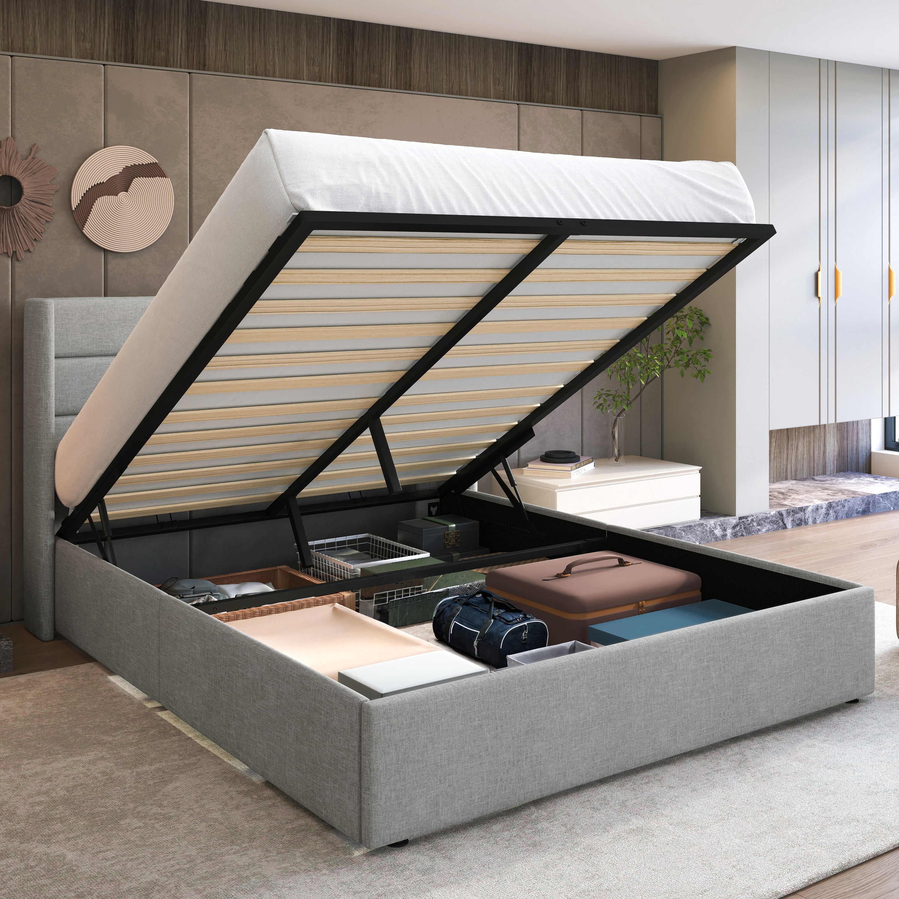 SHA CERLIN Queen Size Lift-Up Platform Bed Frame with Wingback ...