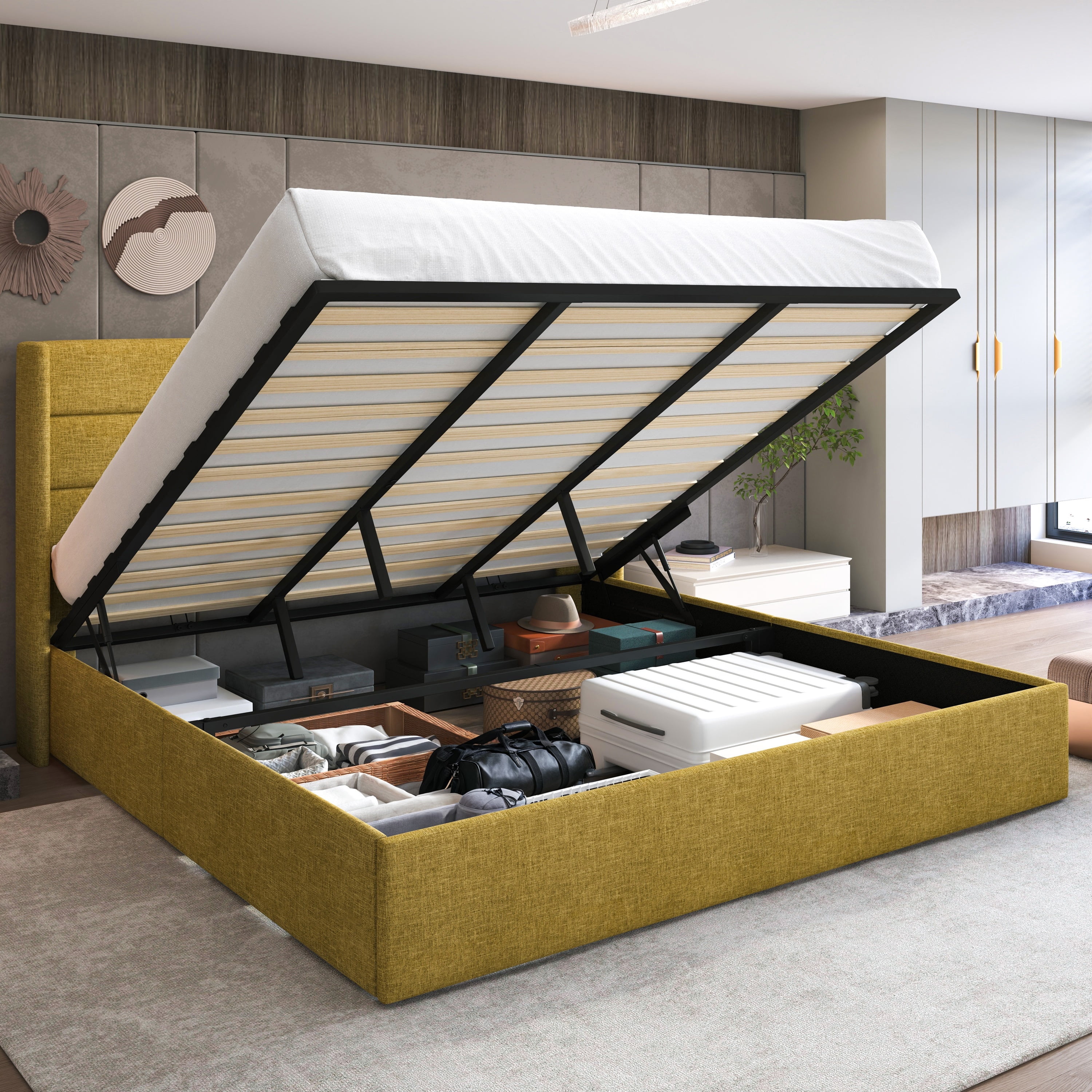 SHA CERLIN Upholstered King Size Lift Up Platform Bed Frame with ...