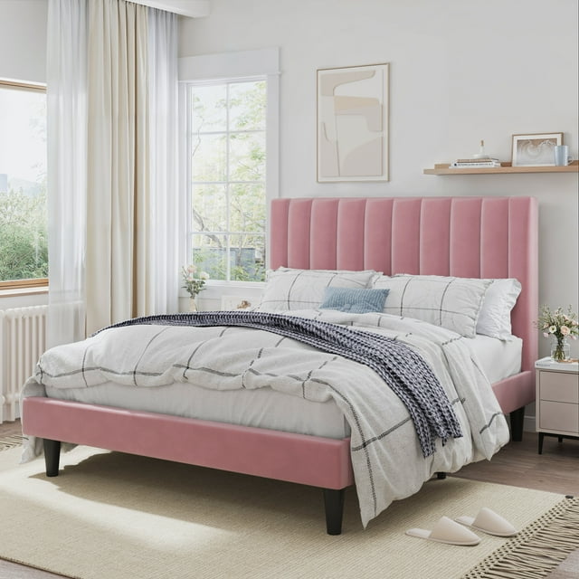 SHA CERLIN Pink Full Size Upholstered Velvet Platform Bed Frame, Modern ...