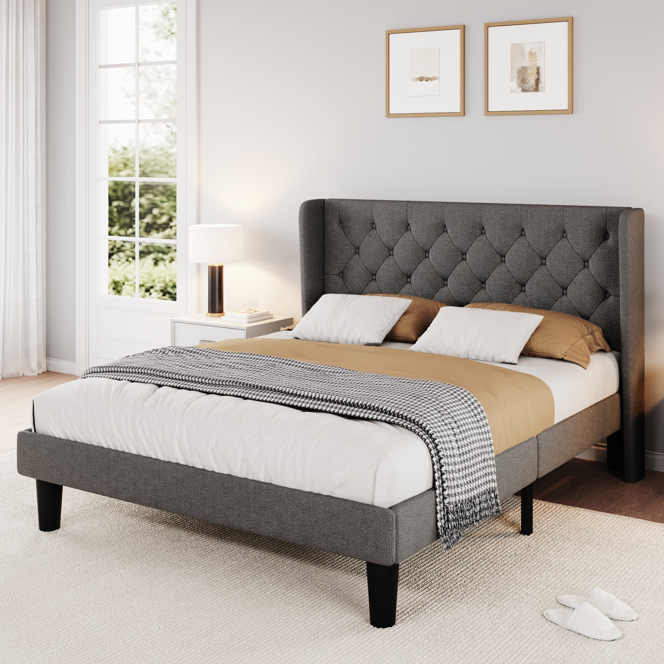 SHA CERLIN Queen Size Wingback Platform Bed Frame with Tufted ...