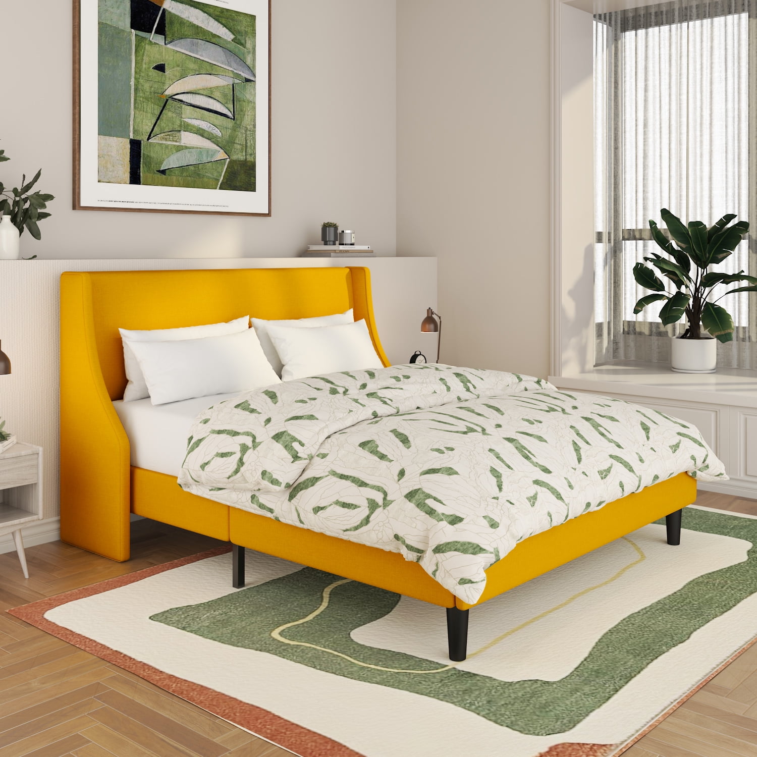 SHA CERLIN King Size Upholstered Platform Bed Frame with Wingback ...