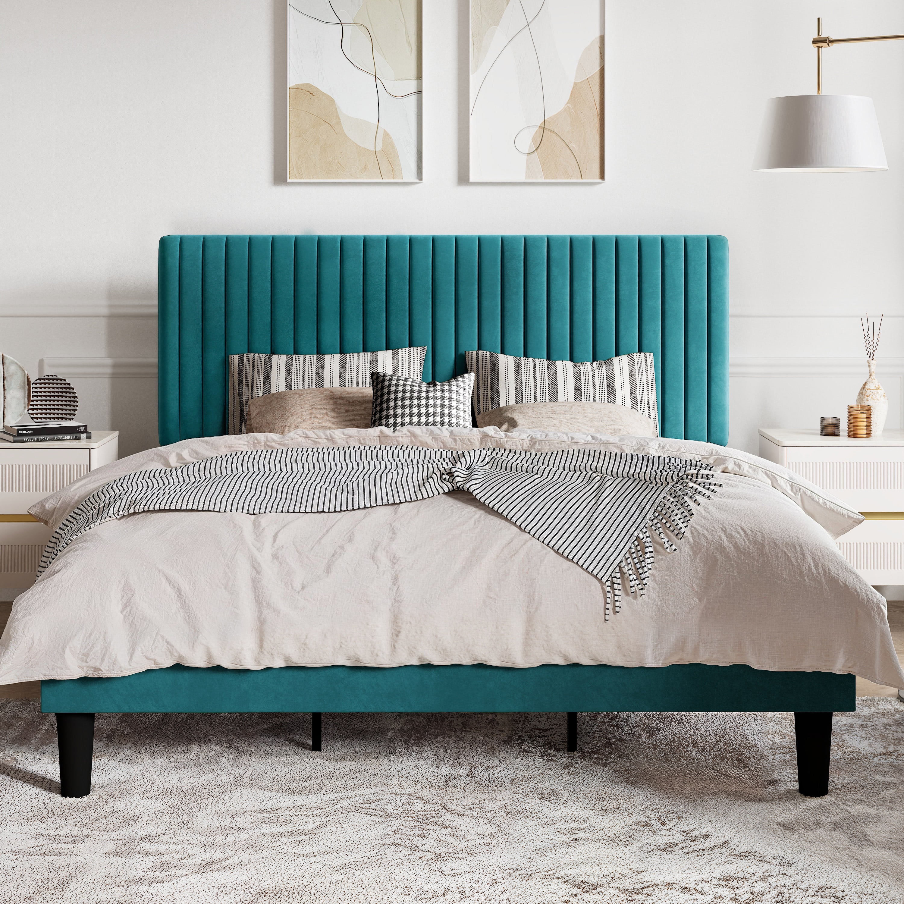 SHA CERLIN Teal Blue King Size Upholstered Platform Bed Frame with Adjustable Channel Velvet Headboard