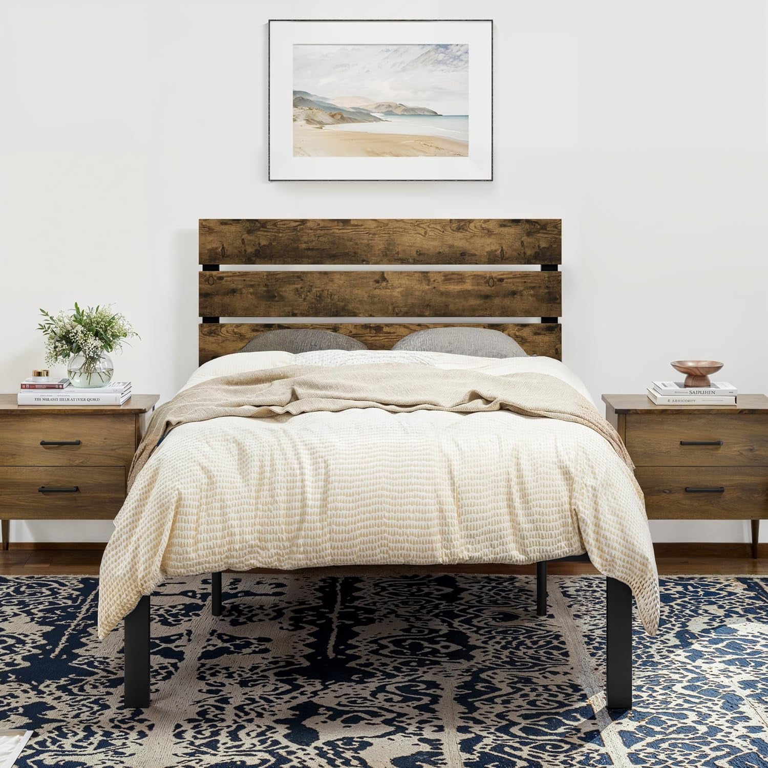 SHA CERLIN Twin Size Bed Frame with Rustic Wooden Headboard,3 Boards ...