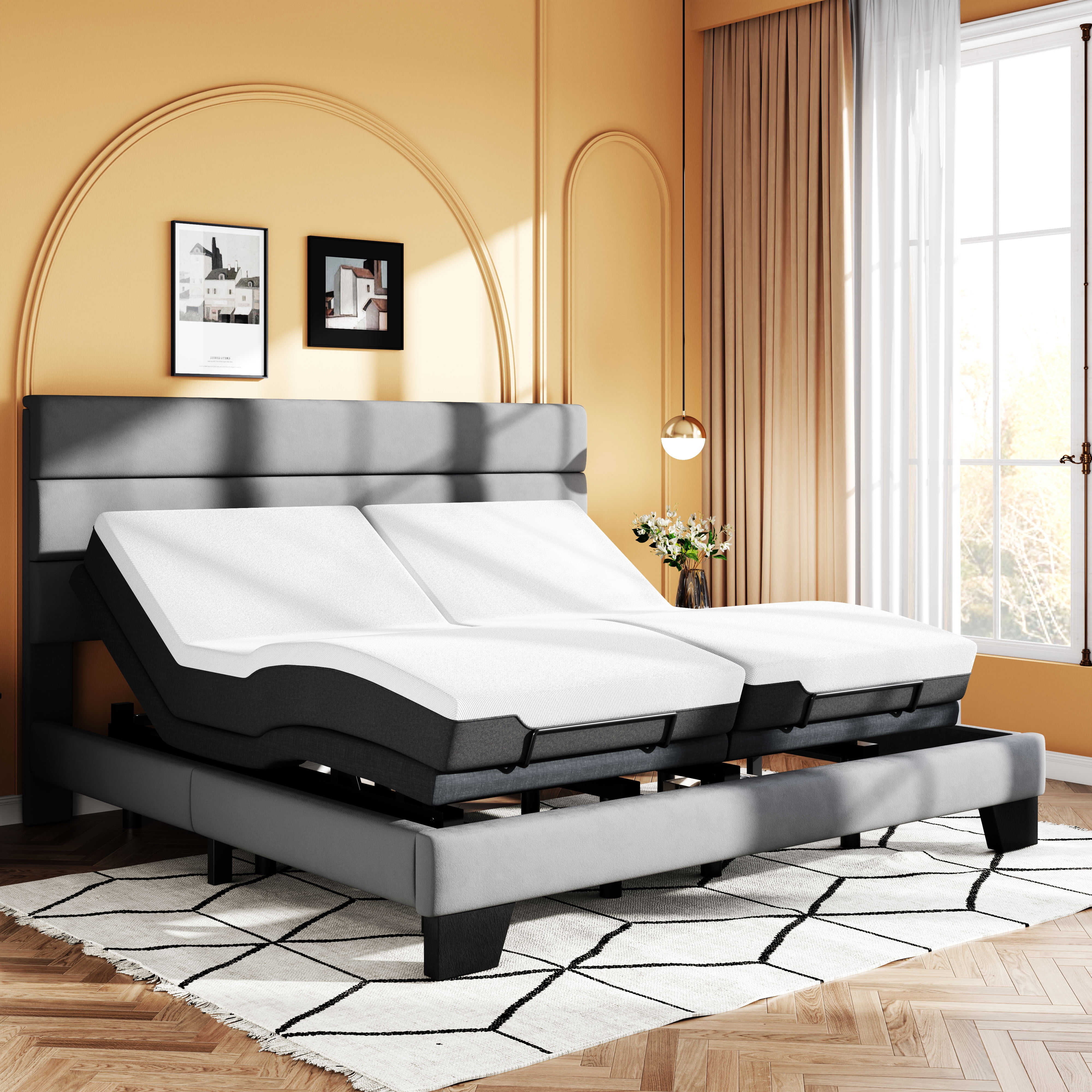SHA CERLIN Ergonomic Split King Adjustable Bed Frame, Upholstered, 1.0 ...