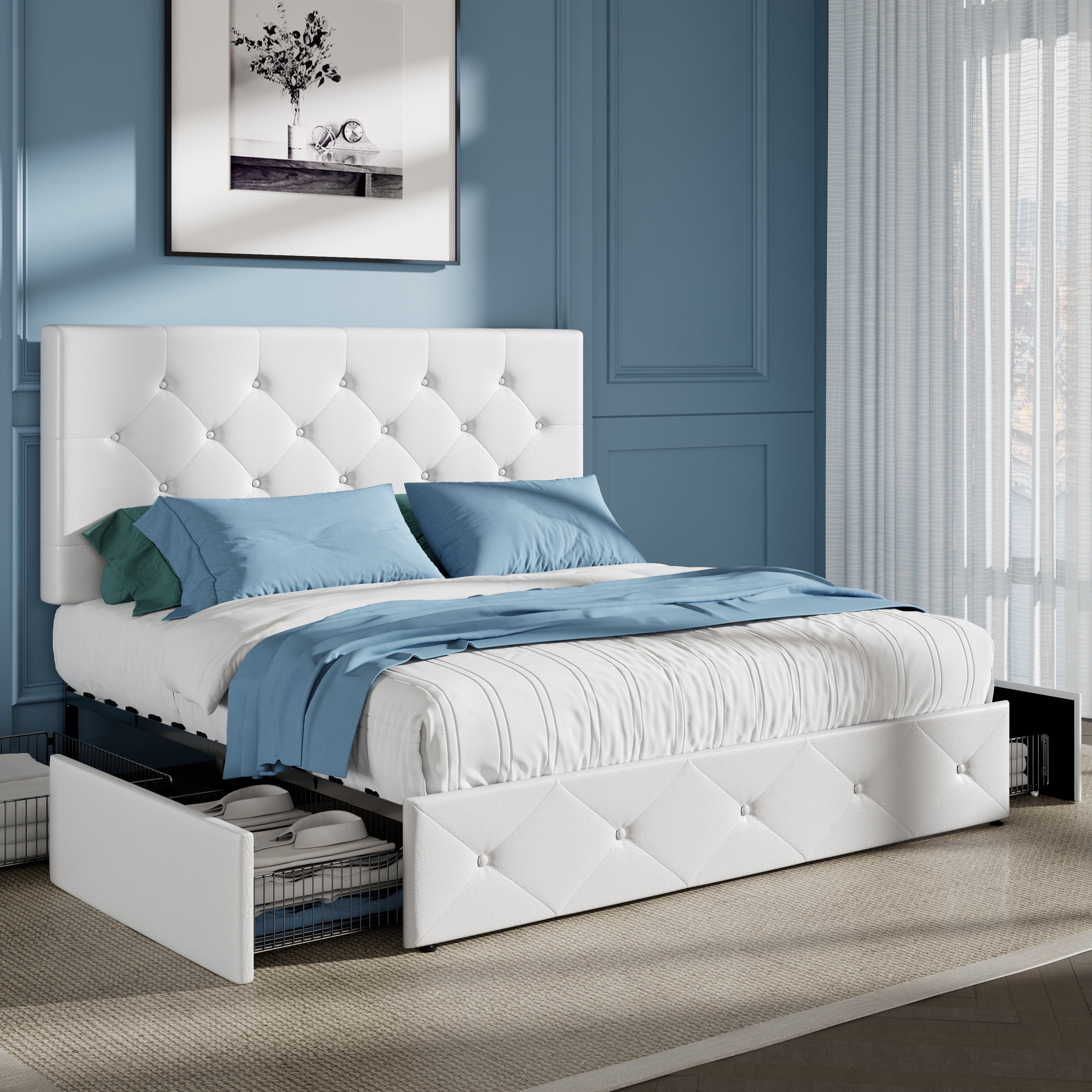 SHA CERLIN White Full Size Leather Platform Bed Frame with 4 Storage ...