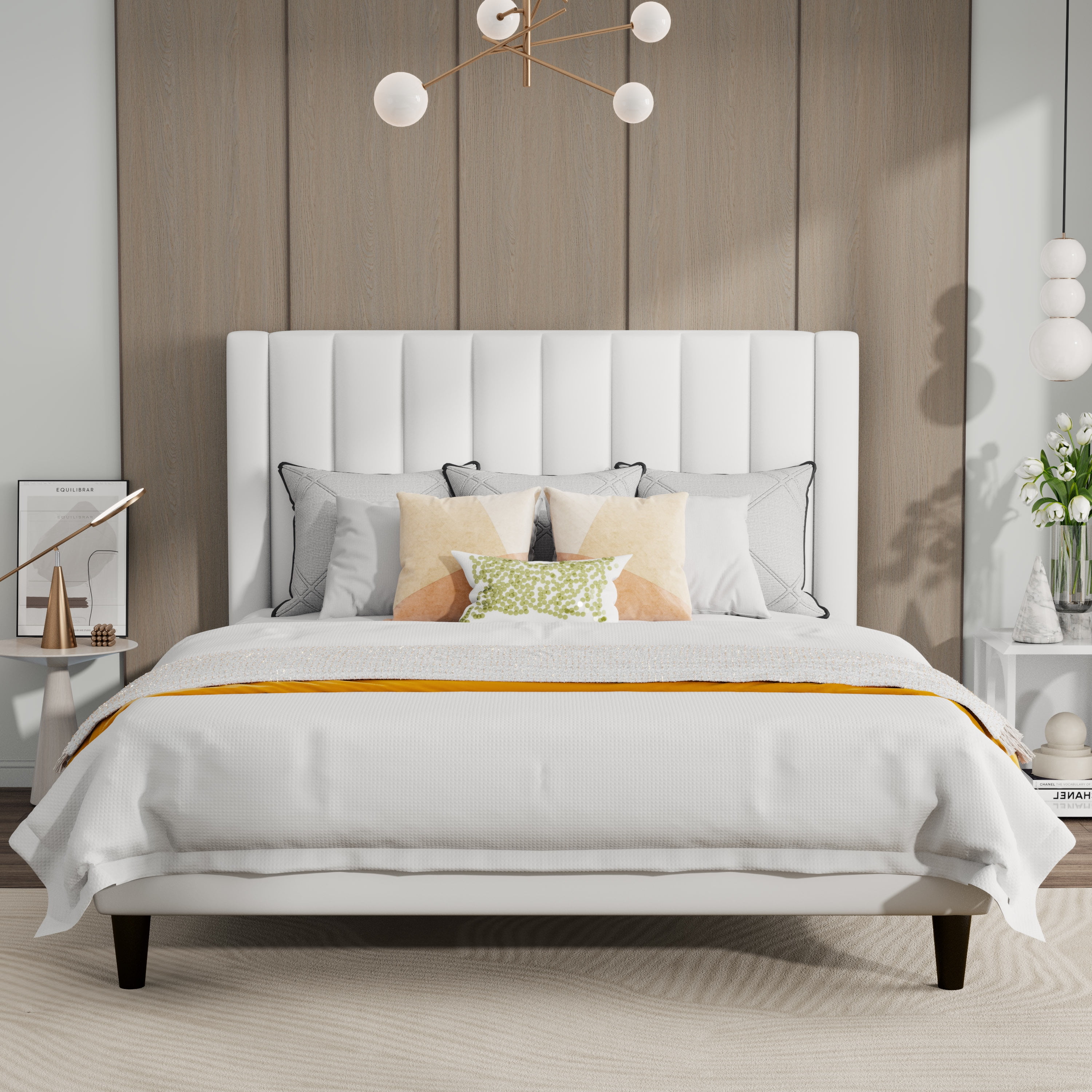SHA CERLIN White Full Size Platform Bed Frame with Velvet Channel ...