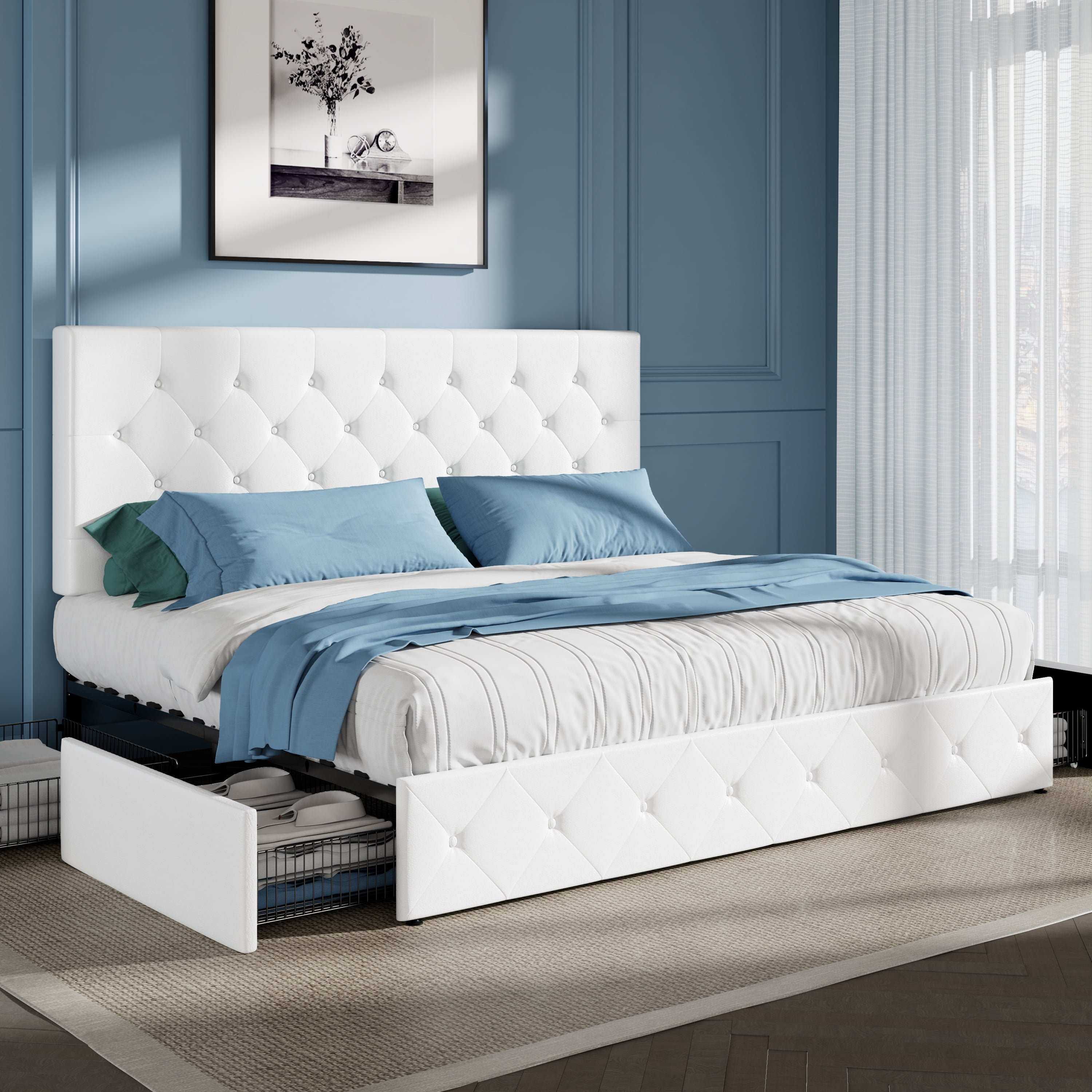SHA CERLIN White King Size Leather Platform Bed Frame with 4 Storage ...