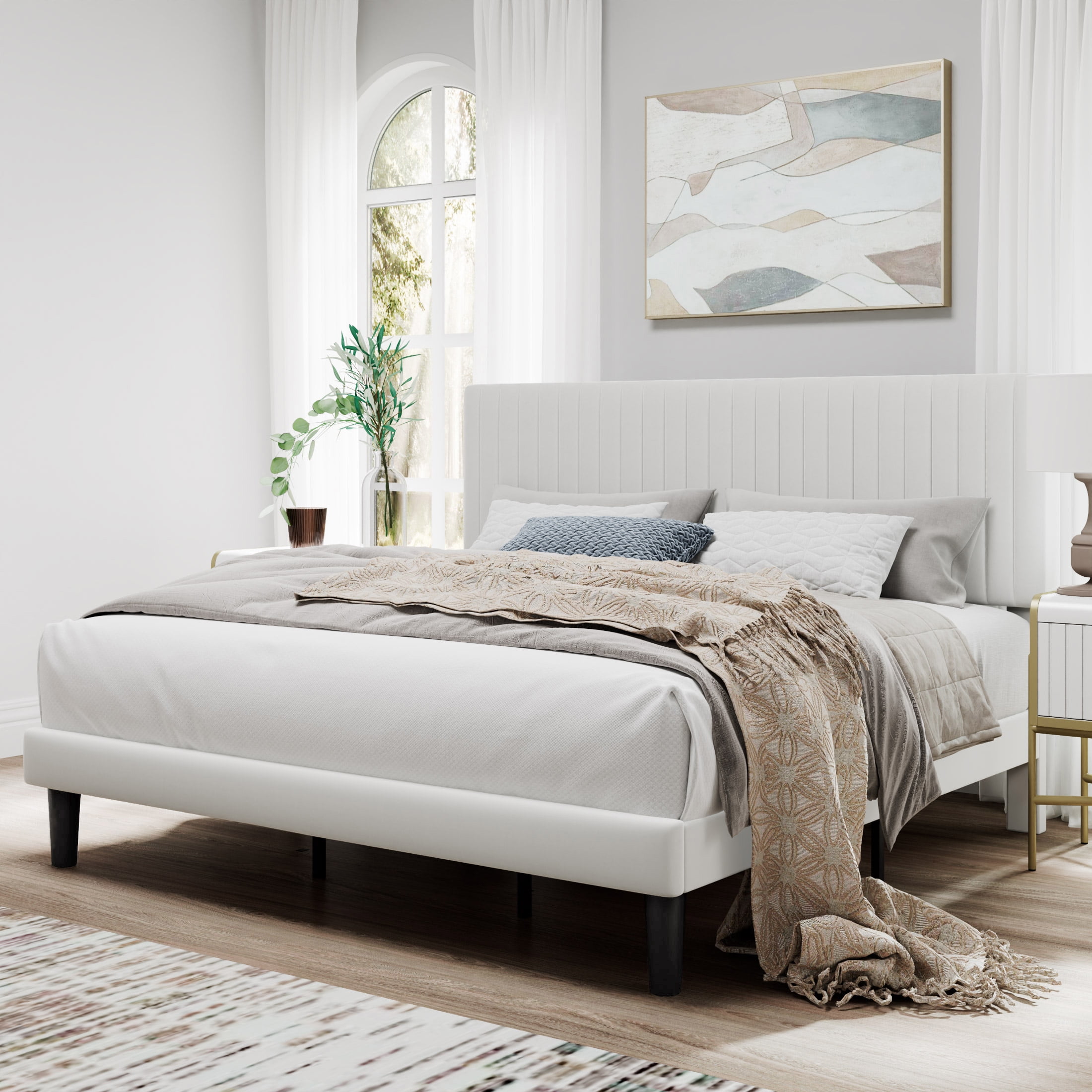 SHA CERLIN White King Size Upholstered Platform Bed Frame with ...