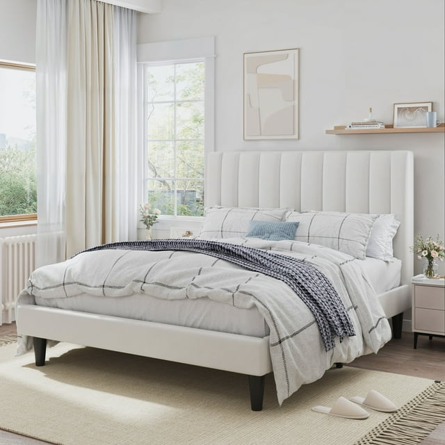 SHA CERLIN Queen Size White Velvet Platform Bed Frame with Vertical ...